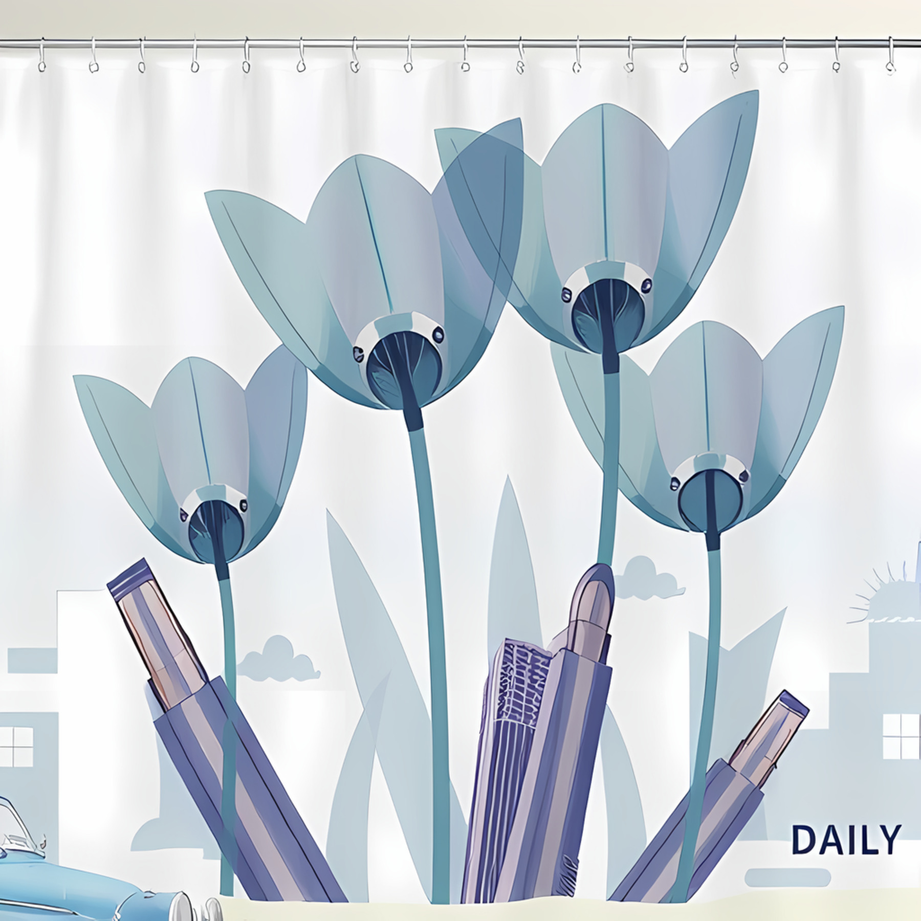 Stylish Shower Curtain with Large Blue Floral Design Featuring ...