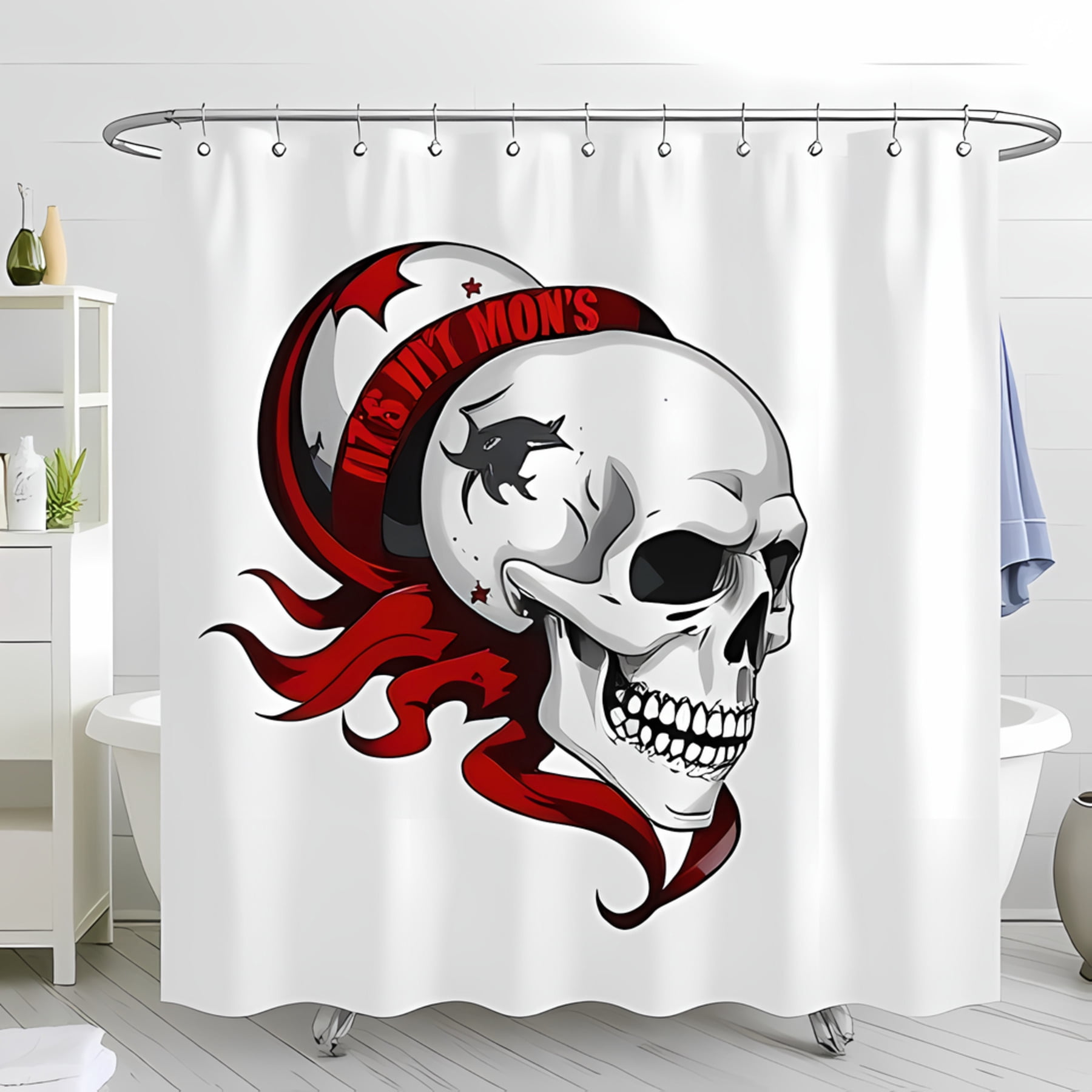 Stylish Shower Curtain with Red Ribbon & Black Fish Design - Unique ...