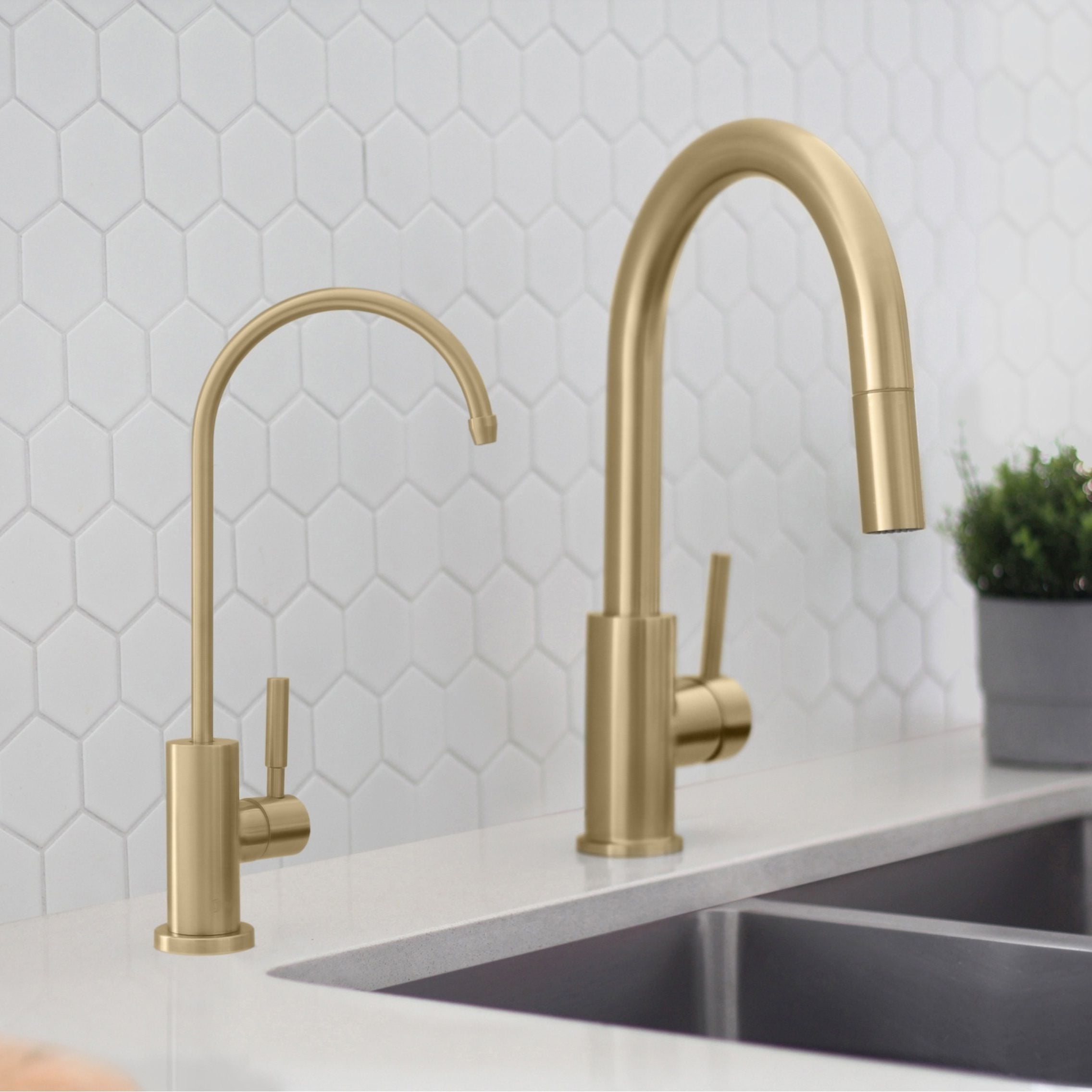 Stylish Single Handle 14” Brushed Gold Kitchen Faucet with Drinking ...