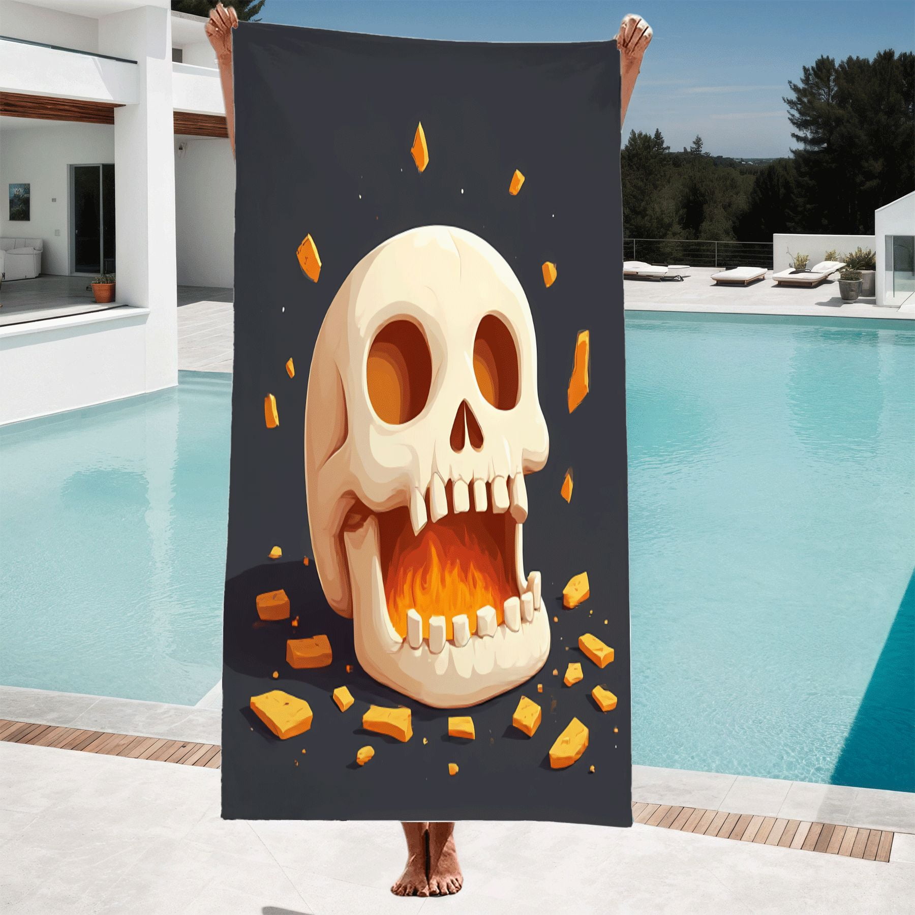 Stylish Skull Beach Towel - Fiery Skull Design with Flames Perfect for ...