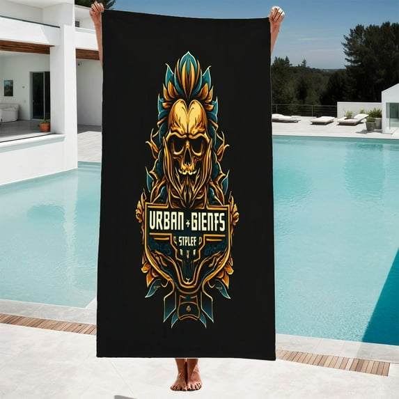 Stylish Skull Design Beach Towel - Intricate Golden & Blue Patterns ...