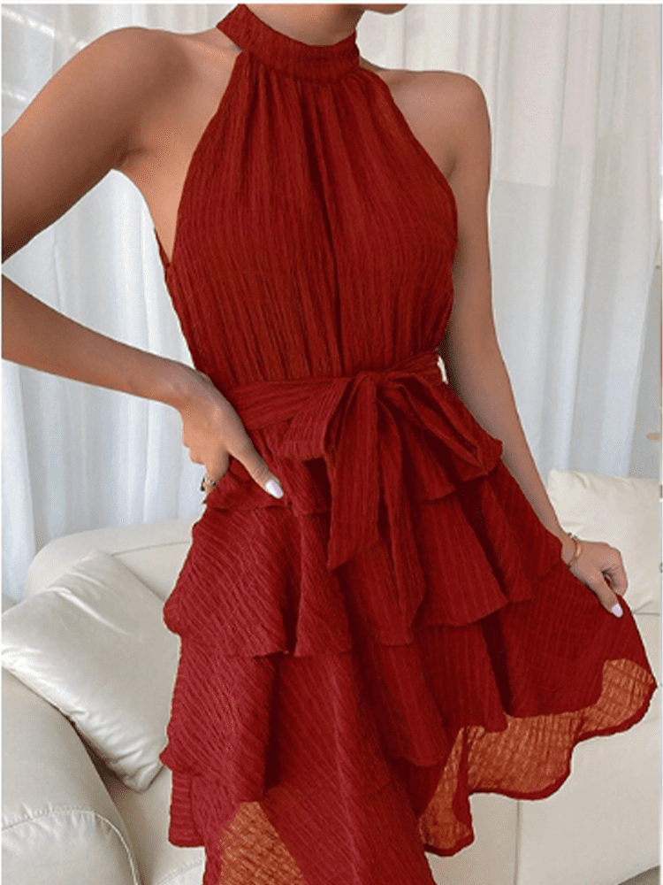 Stylish Sleeveless Off Shoulder Multi-Layered Ruffle Edge Dress Women's ...