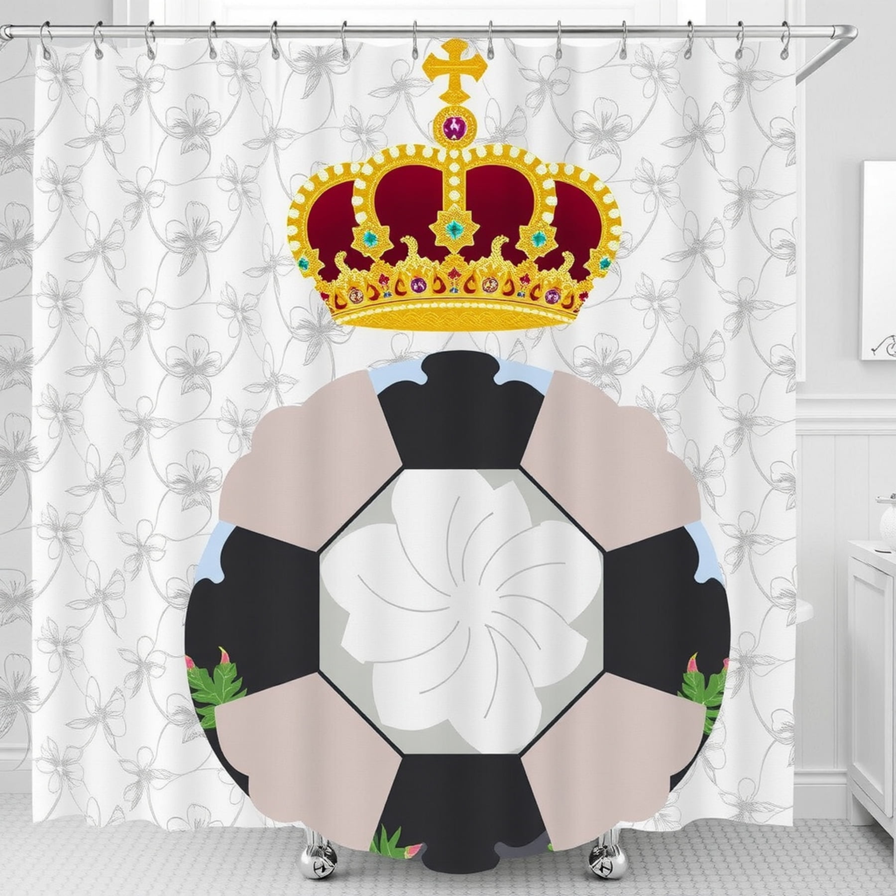 Stylish Soccer Ball Shower Curtain with Crown & Floral Design - White ...