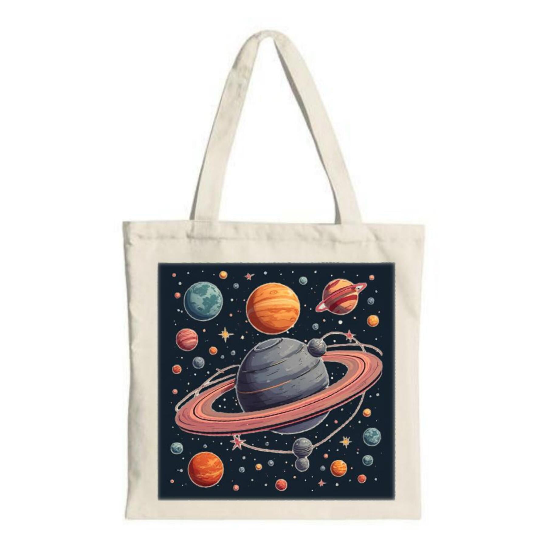 Stylish Solar System Canvas Tote Bag - Colorful Planets & Stars Design ...