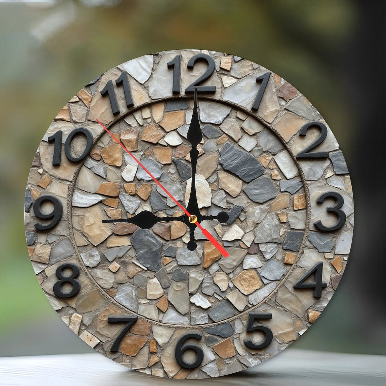 Stylish Stone Wall Clock with Large Numbers 10-Inch Silent Wooden Wall ...