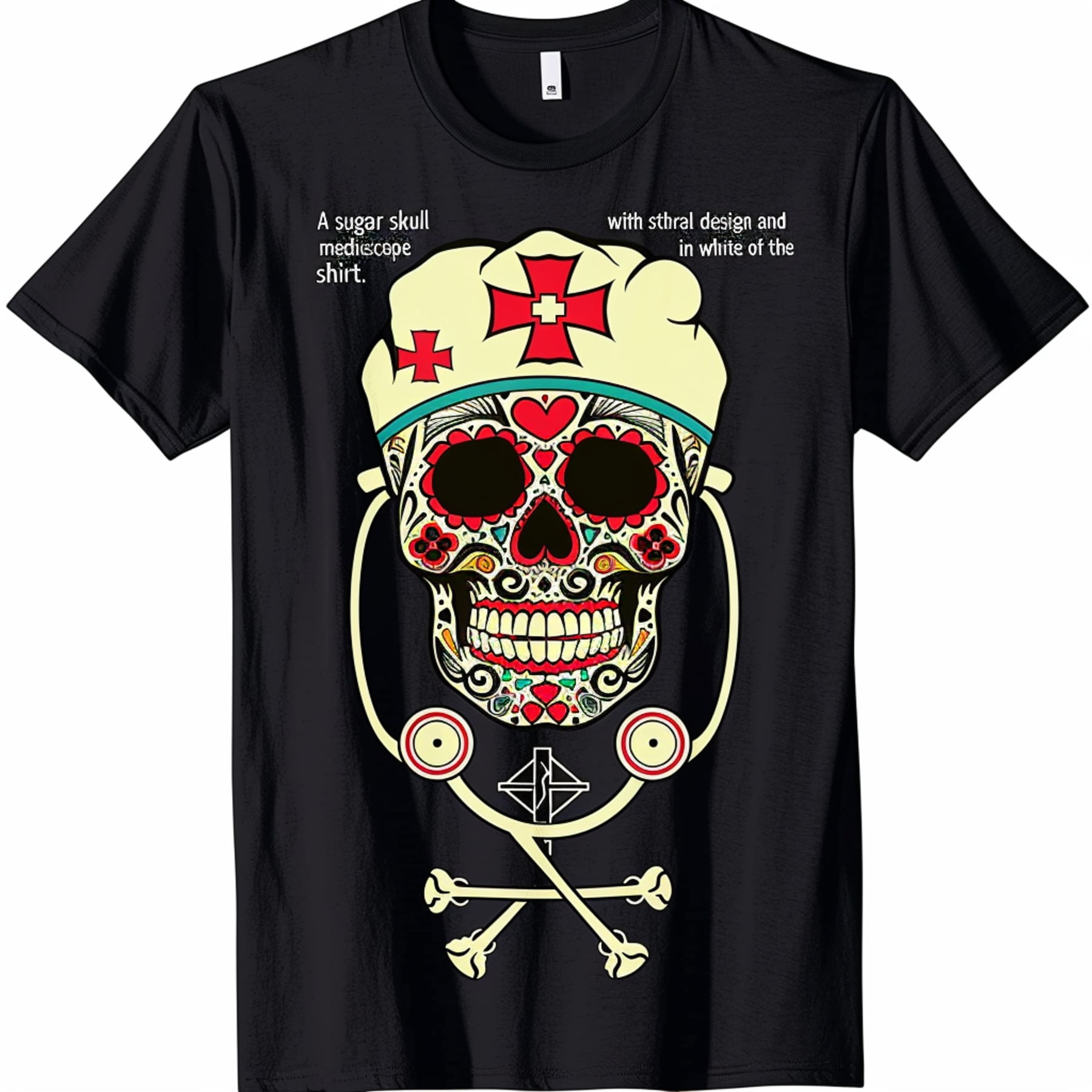 Stylish Sugar Skull Nurse Tee: Black TShirt with Stethoscope & Cross ...