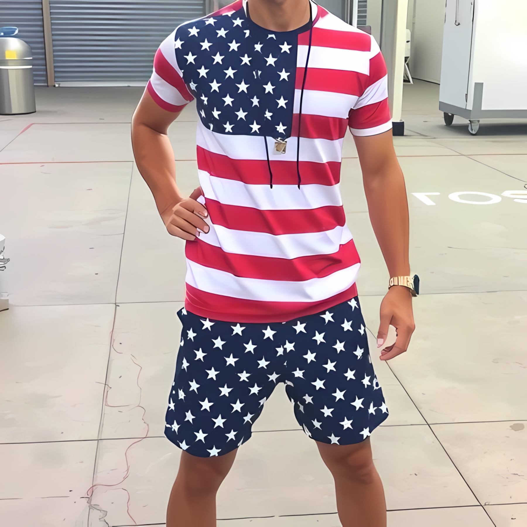 Stylish T-Shirt and Shorts Set - Red & White Striped Shirt with Star ...