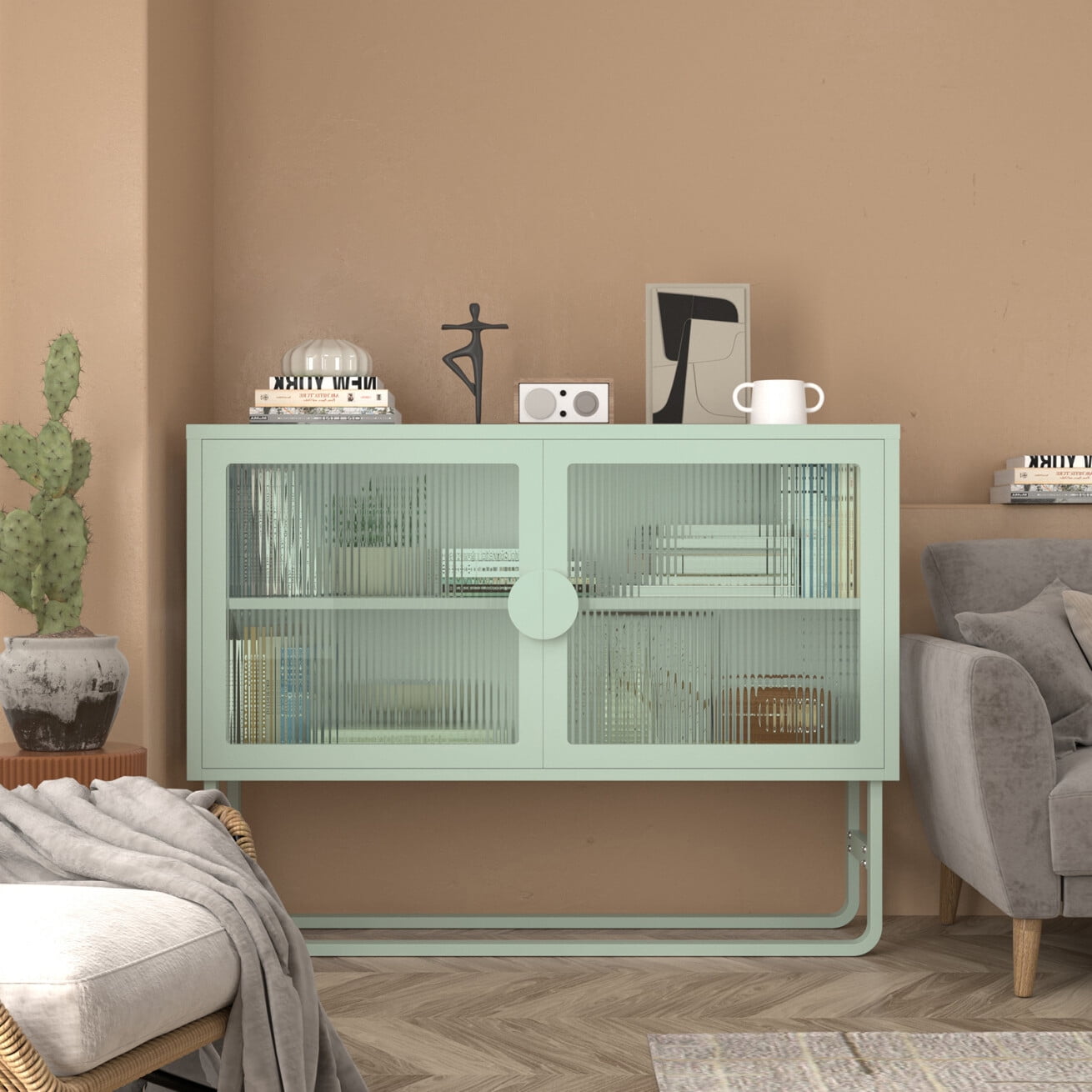 Stylish Tempered Glass Cabinet Credenza,Storage Cabinet with 2 Fluted ...