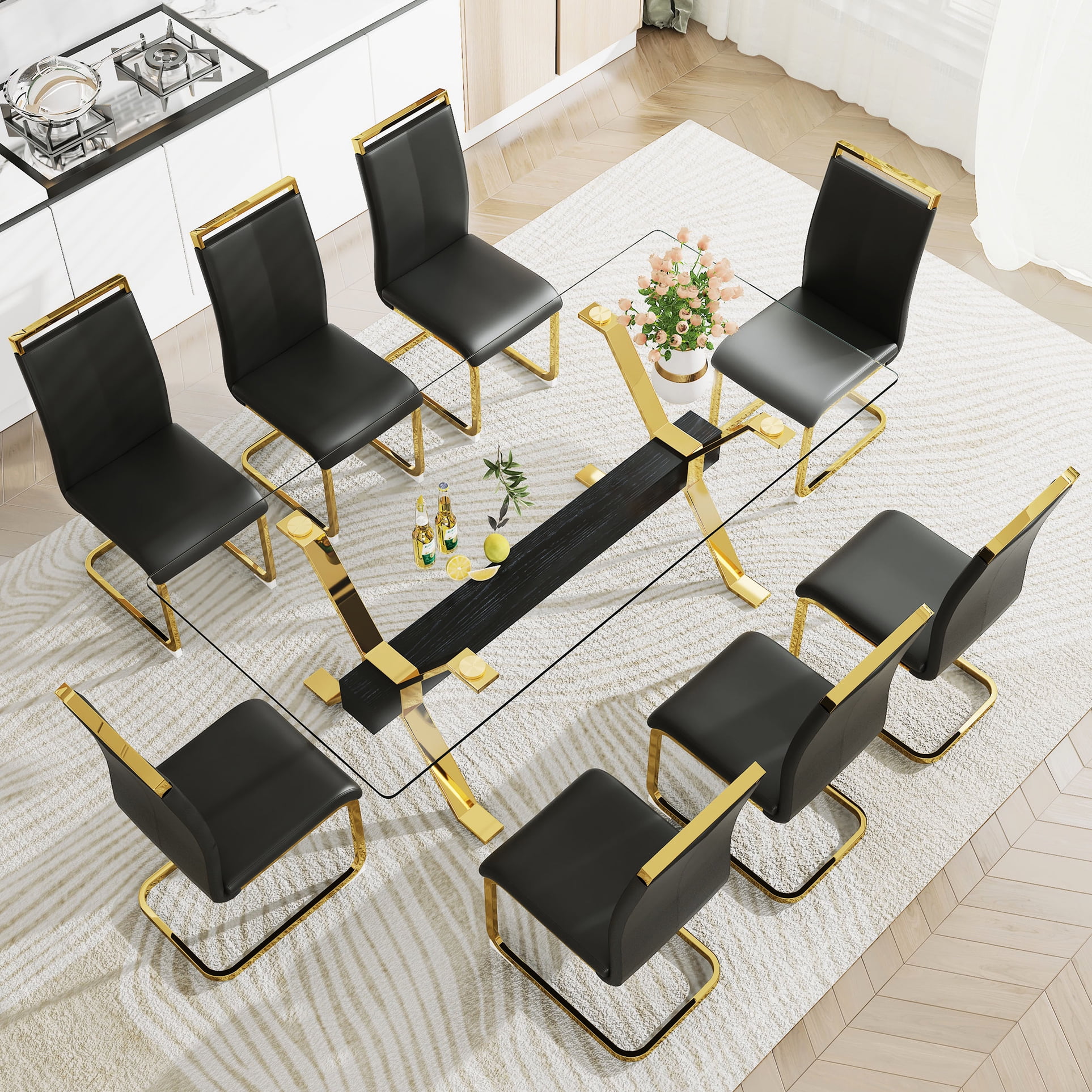 Stylish Tempered Glass Table Aggregation With 8 Contemporary Black Pu Gold Leg Chairs Luxury ...