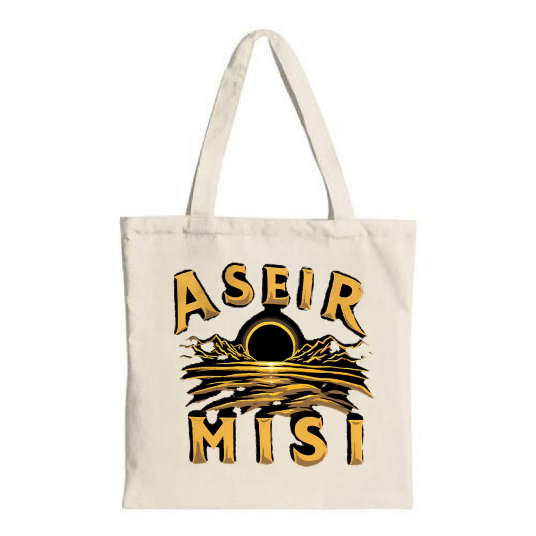 Stylish Tote Bag with ' ASEIR MISI ' in bold yellow - orange featuring ...