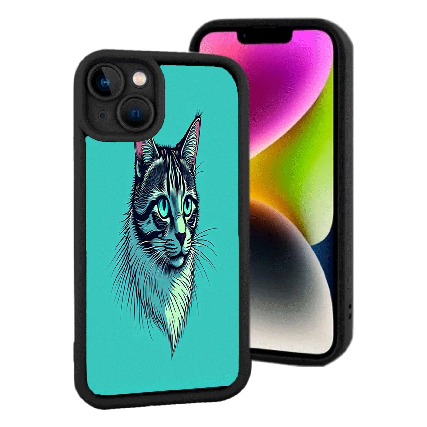 Stylish Turquoise Cat Face iPhone 15 Case - Lightweight Yellowing Resistant with Striking Green ...