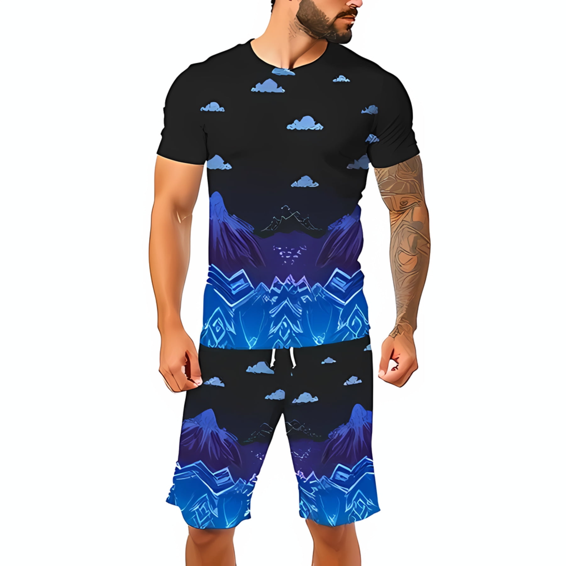 Stylish Two-Piece T-Shirt and Shorts Set with Electric Blue Mountain ...
