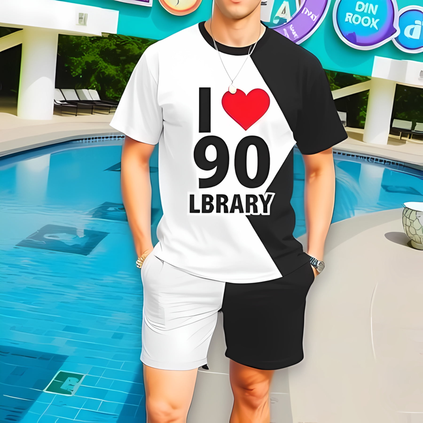 Stylish Two - Toned T-Shirt and Shorts Set with Bold 'I Love 90 LIBRARY ...