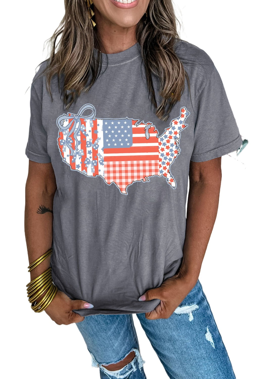 Stylish USA Map Print T-Shirt with American Flag and Bow Design for ...