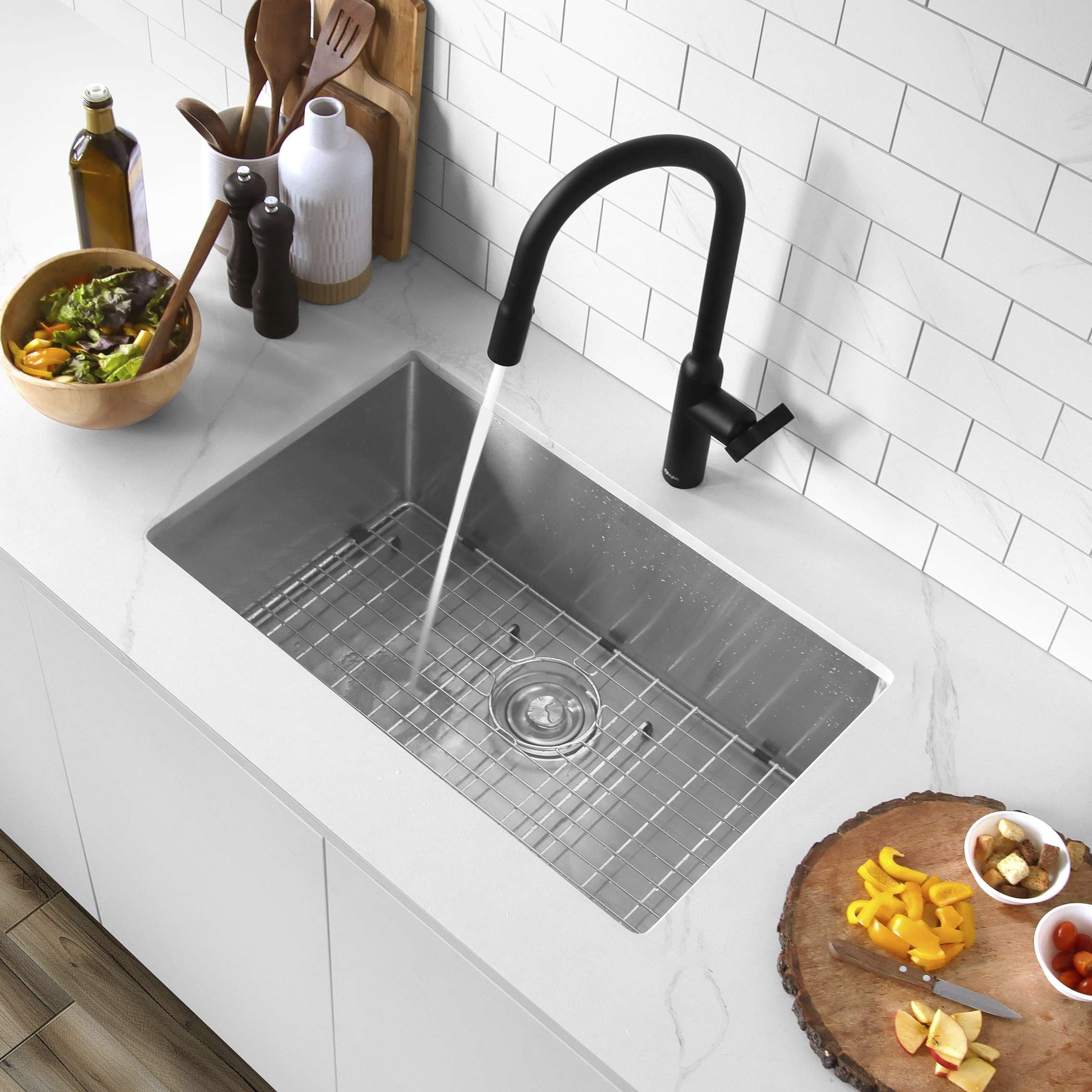 Stylish Undermount 28" Stainless Steel Single-Bowl Kitchen Sink with 2 ...