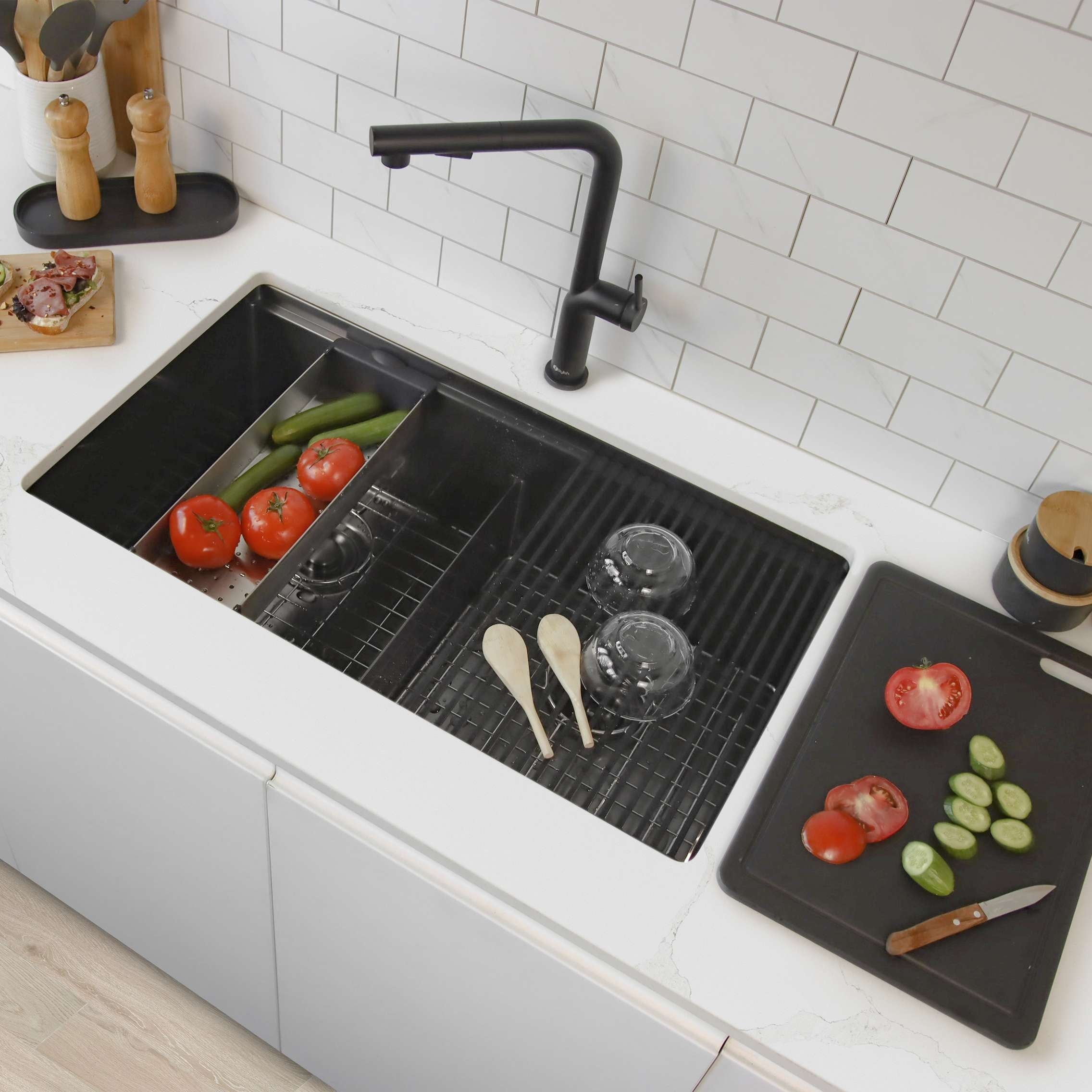 Stylish Undermount 32" Graphite Black 16G Double-Bowl Kitchen Sink with ...
