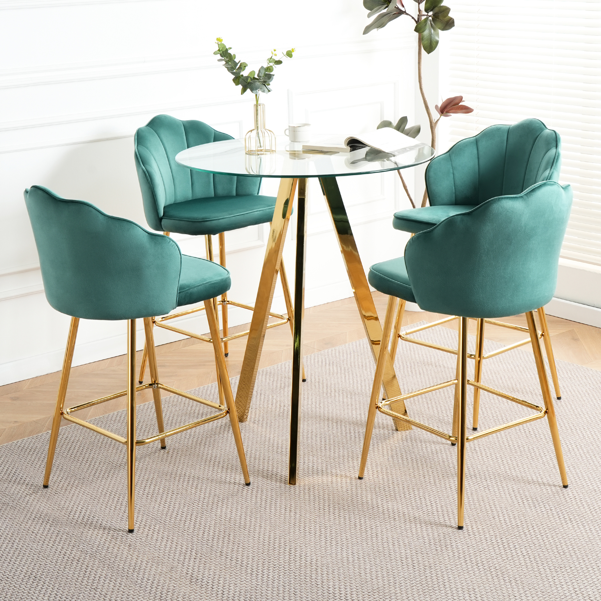 Stylish Velvet Bar Chairs With Gold- Legs And Tempered Glass Top ...