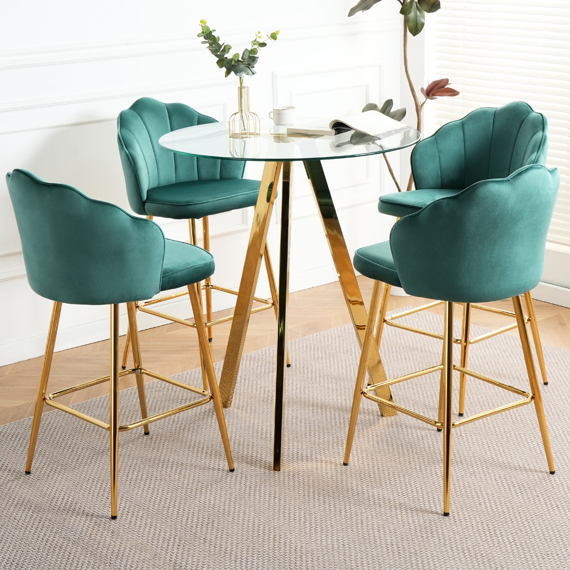Stylish Velvet Bar Chairs With Gold- Legs And Tempered Glass Top ...