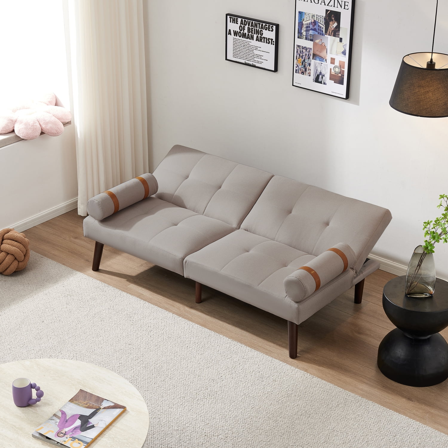 Stylish XNGGNG Light Grey Linen Fabric Convertible Sofa Bed Futon with ...