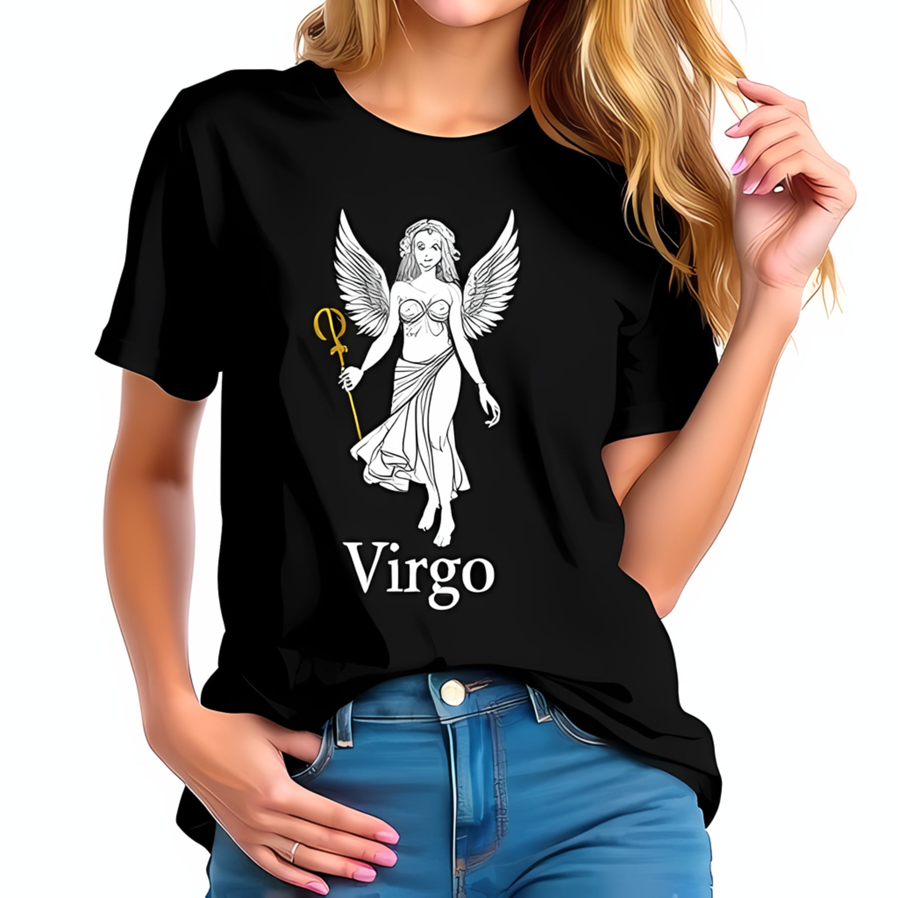 Stylish Virgo Cotton Short Sleeve T-Shirt with Winged Astraea Design in ...