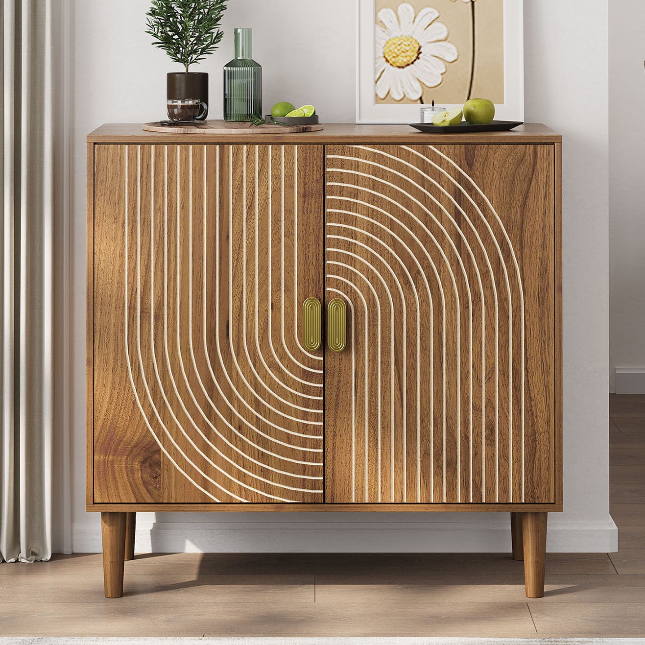 Stylish Walnut Wood Buffet Cabinet With Elegant Line Groove Design for ...