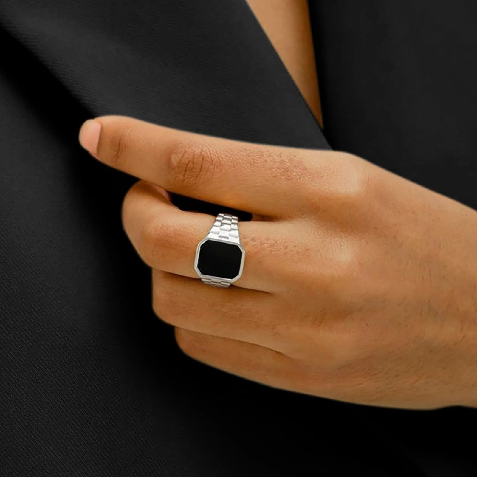 Stylish Watch Band Rings for Men, 14K White Gold Black Square Signet ...