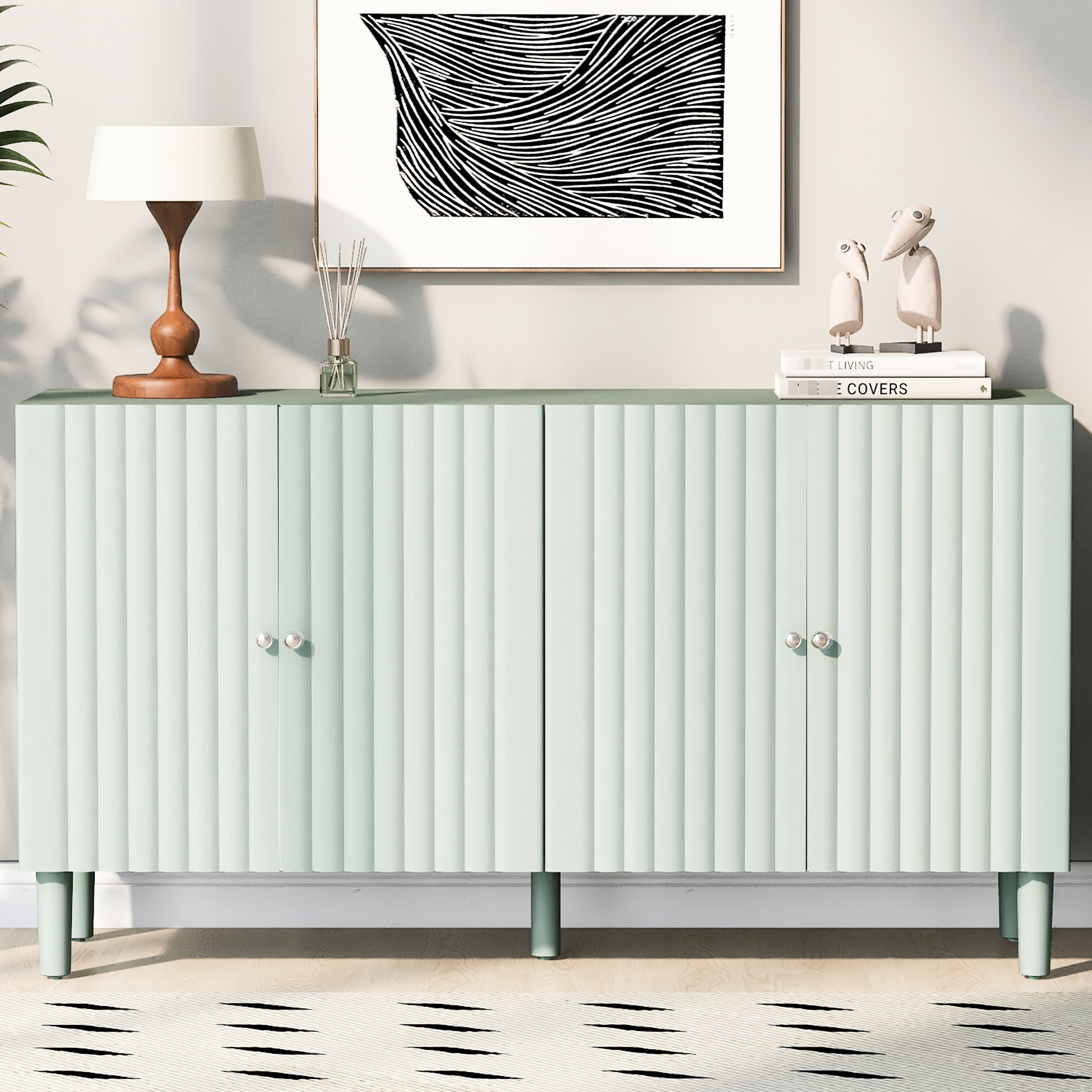 Stylish Wavy Door Sideboard With Cylindrical Legs & Modern Metal ...