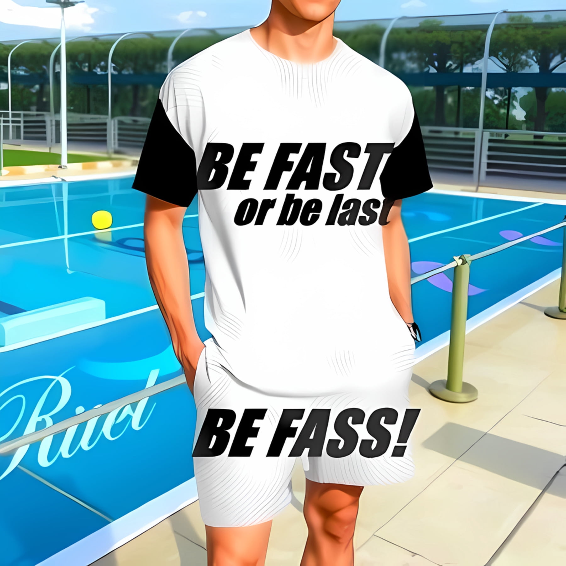 Stylish White & Black Athletic T-Shirt and Shorts Set with Wave Pattern ...