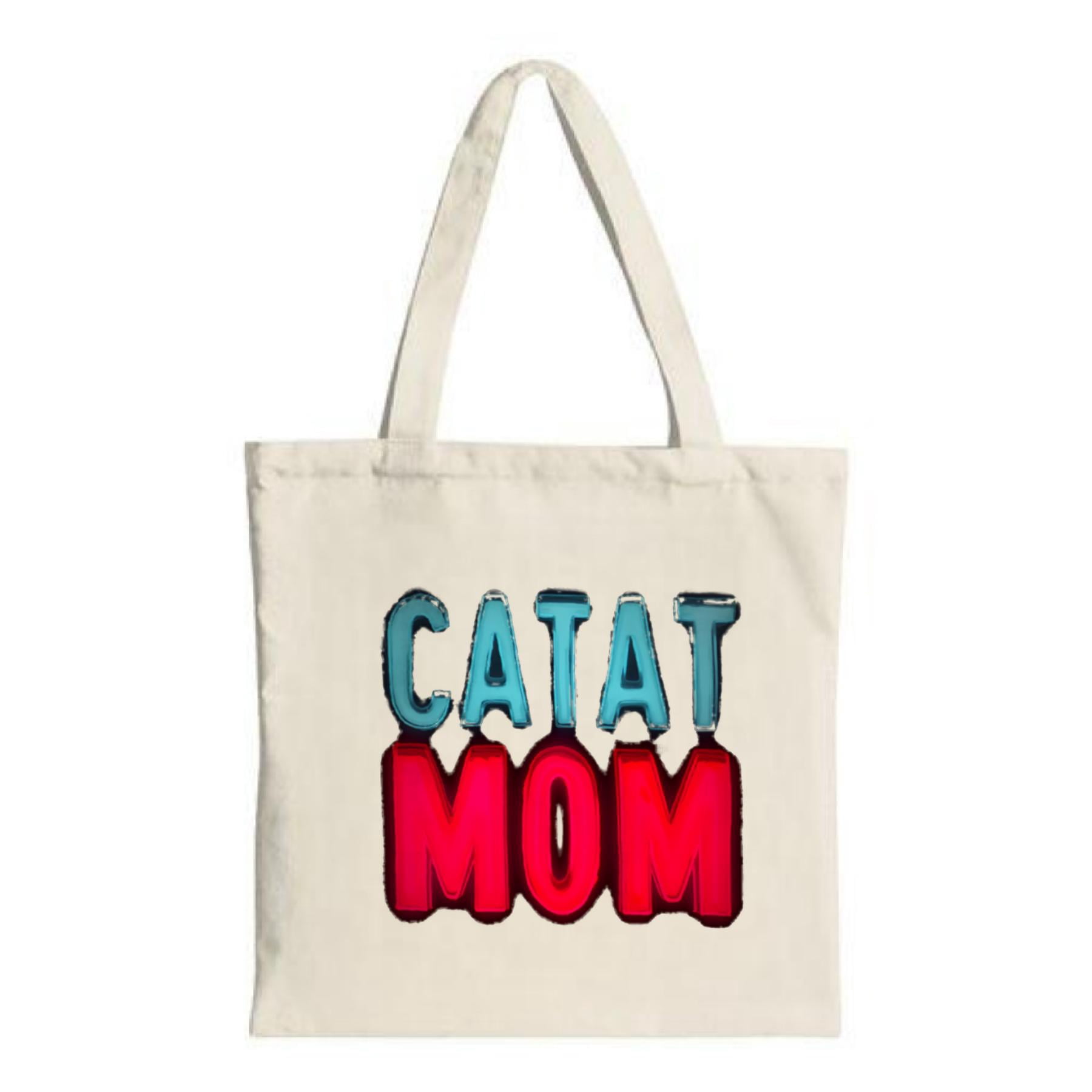 Stylish White Canvas Tote Bag with Bold " CATAT MOM " Text in Blue and ...