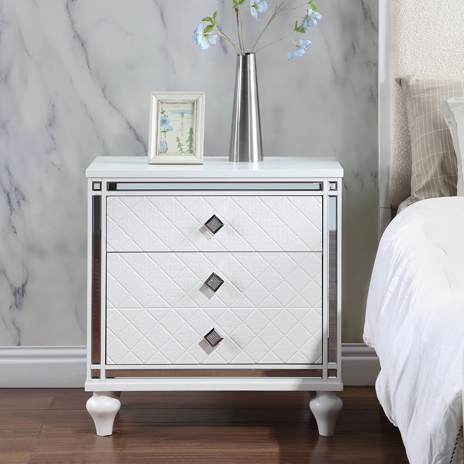 Stylish White Contemporary Nightstands with Mirror Frame Accents ...
