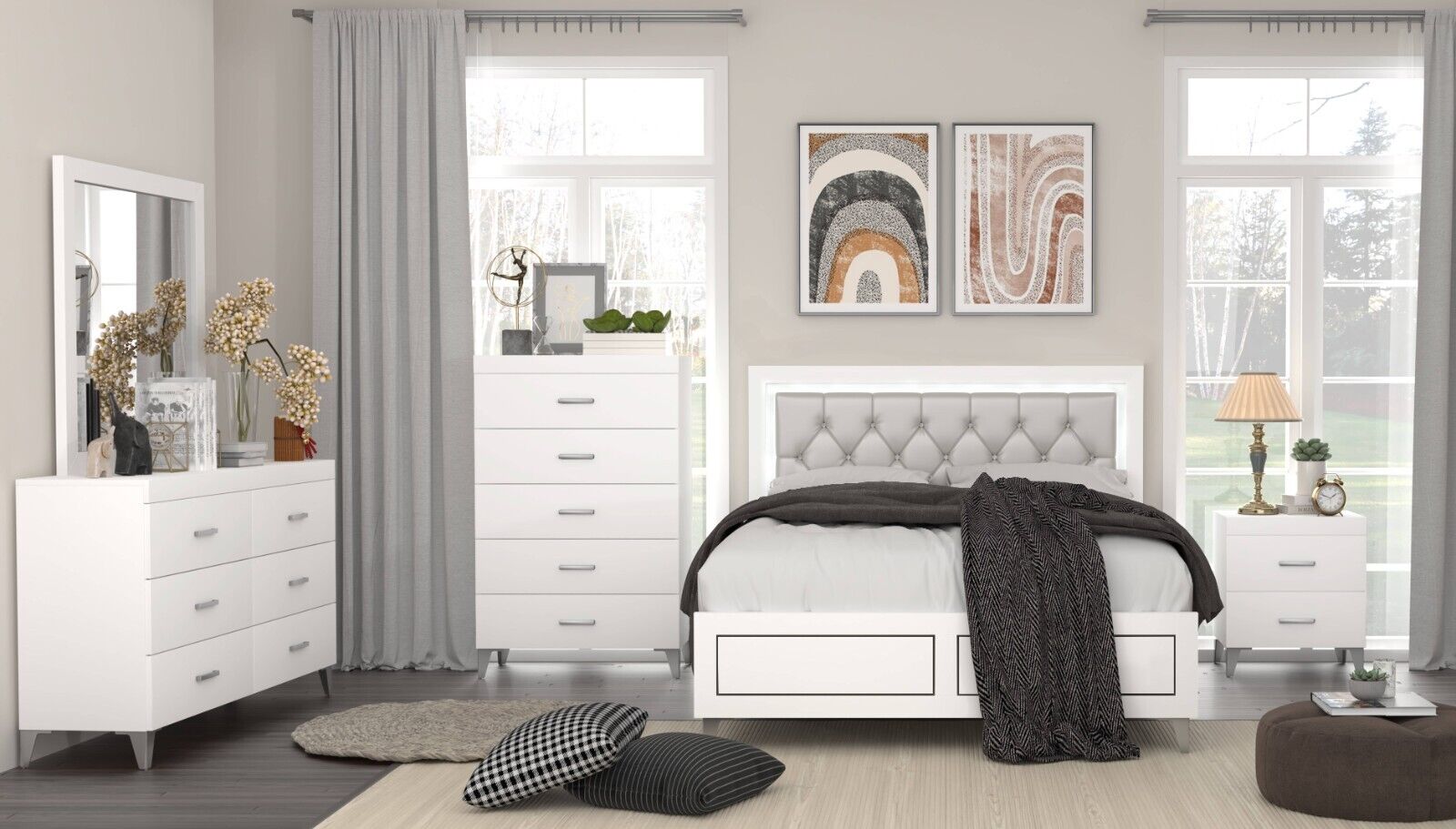 Stylish White Finish 5pc Bedroom Set Eastern King Size Bed Button ...