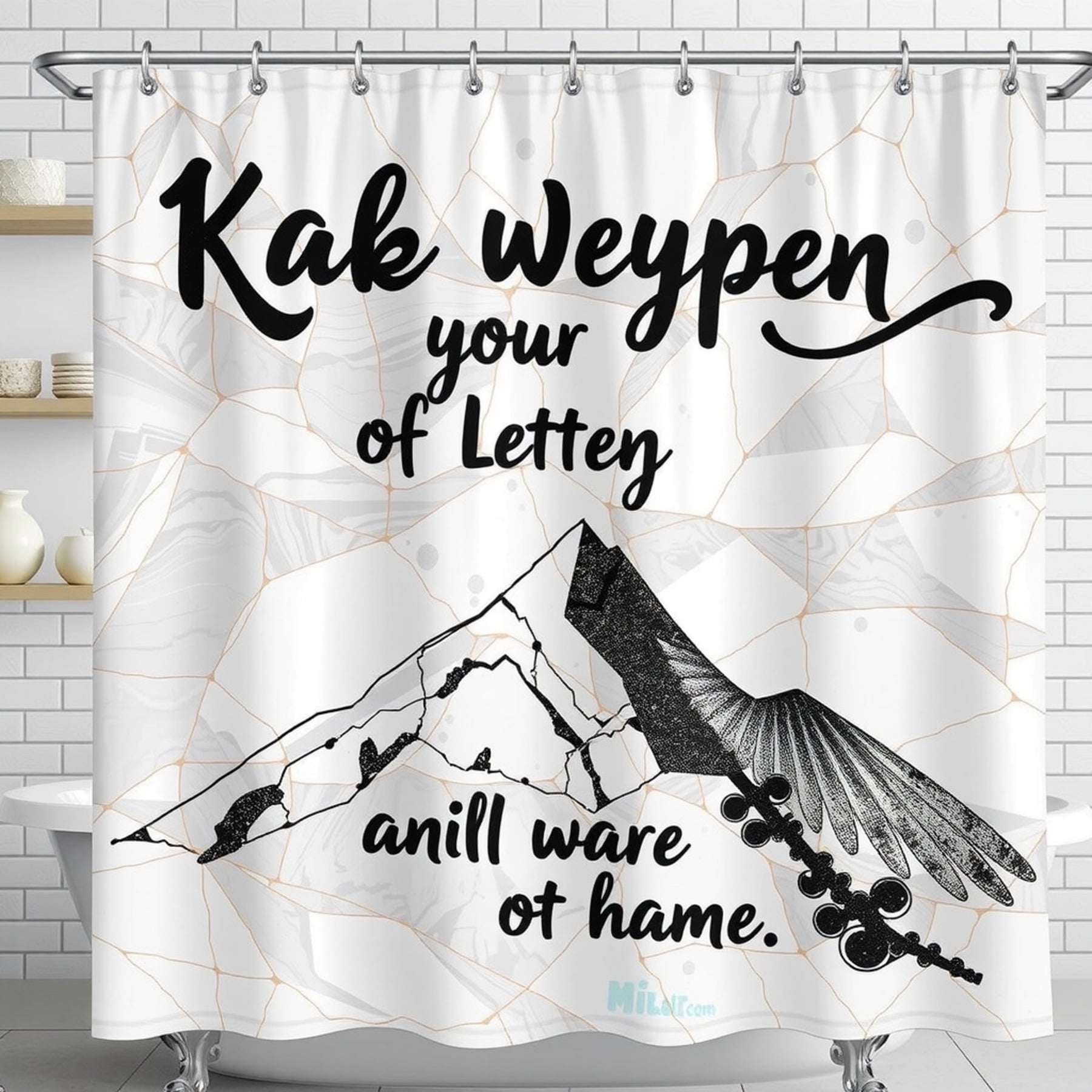 Stylish White Marbled Shower Curtain with Mountain Range & Wings Bold ...