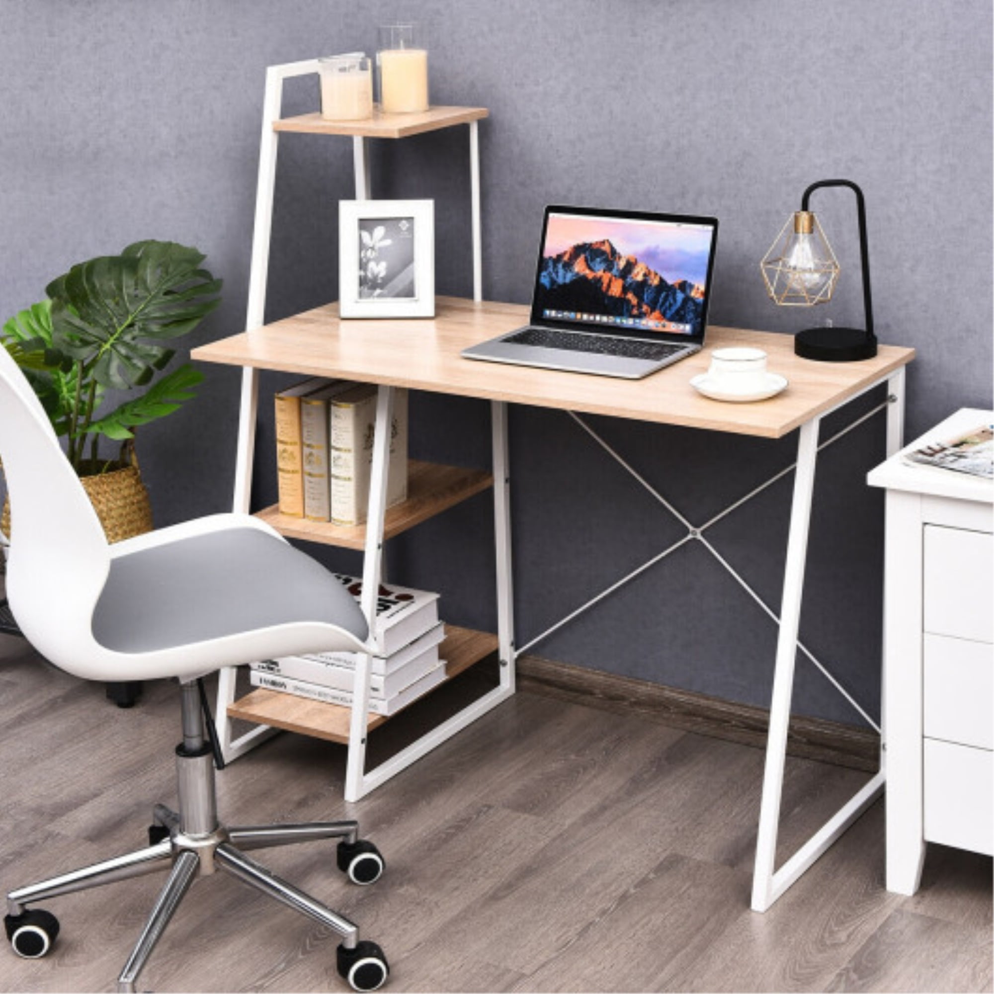 Stylish White Metal Frame Computer Desk with 4-Tier Storage - Buy Now ...