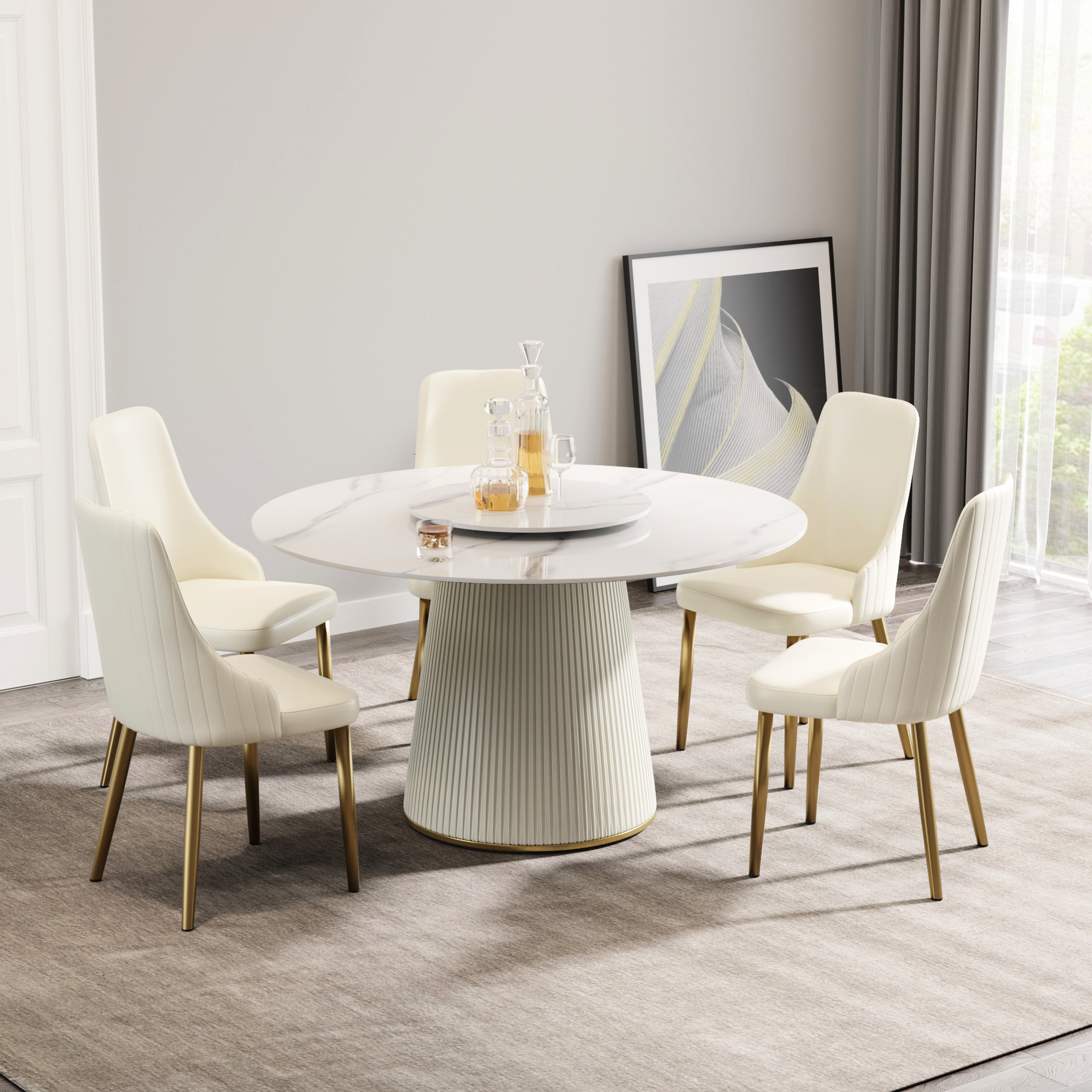Stylish White Round Table - Sintered Stone Top, Pu Wrapped Plywood Base ...