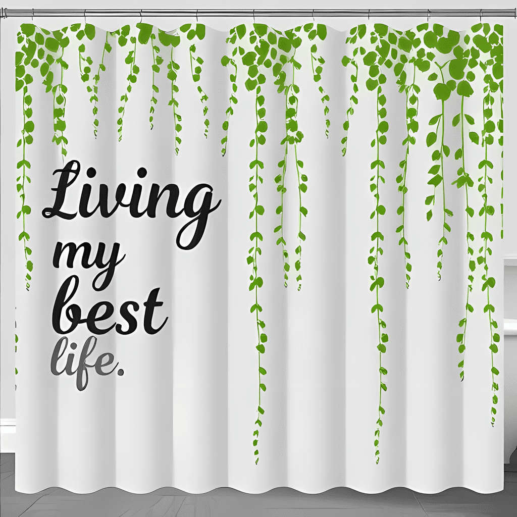 Stylish White Shower Curtain with Green Leafy Vines & "Living My Best ...