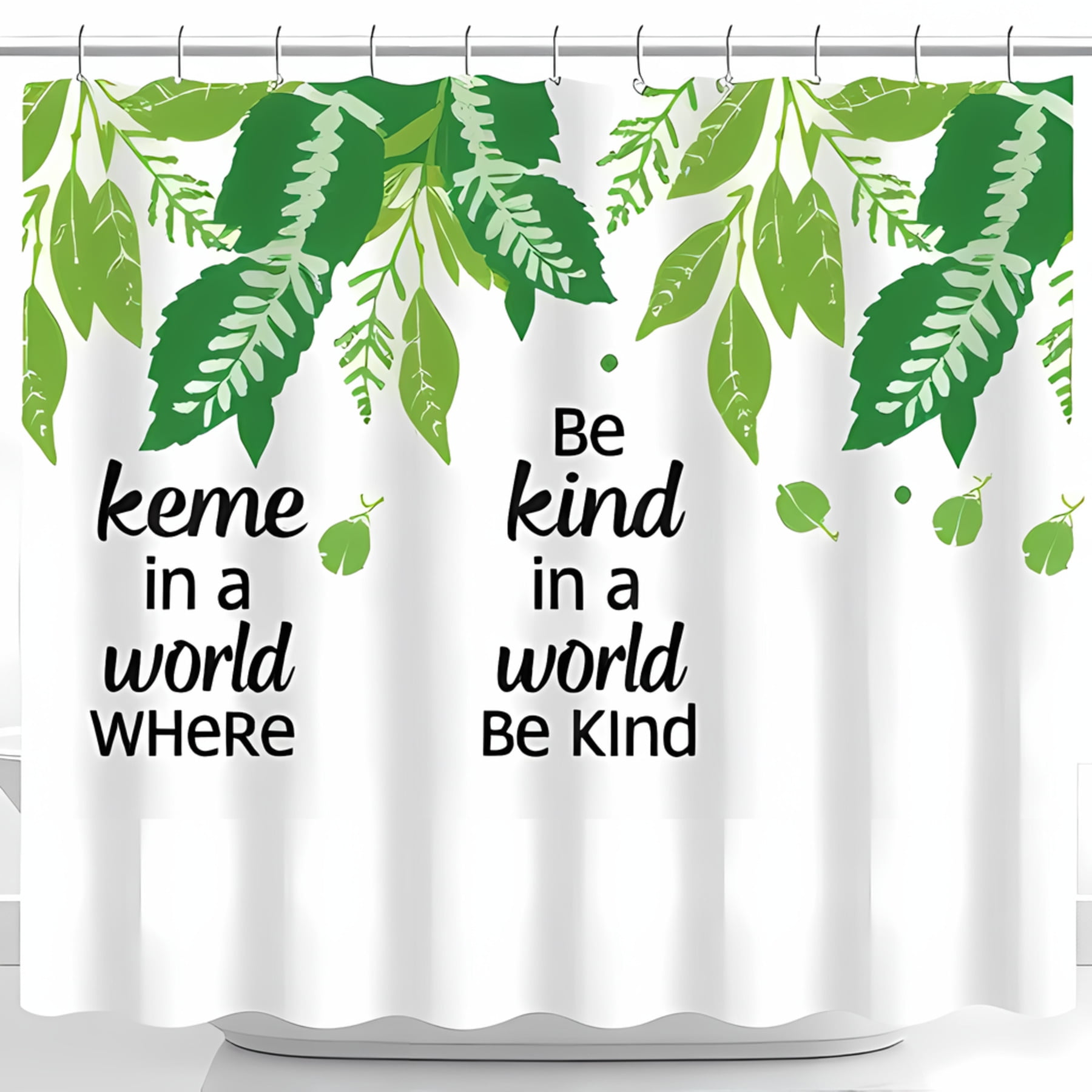 Stylish White Shower Curtain with Leafy Green & Inspirational 'Be Kind ...