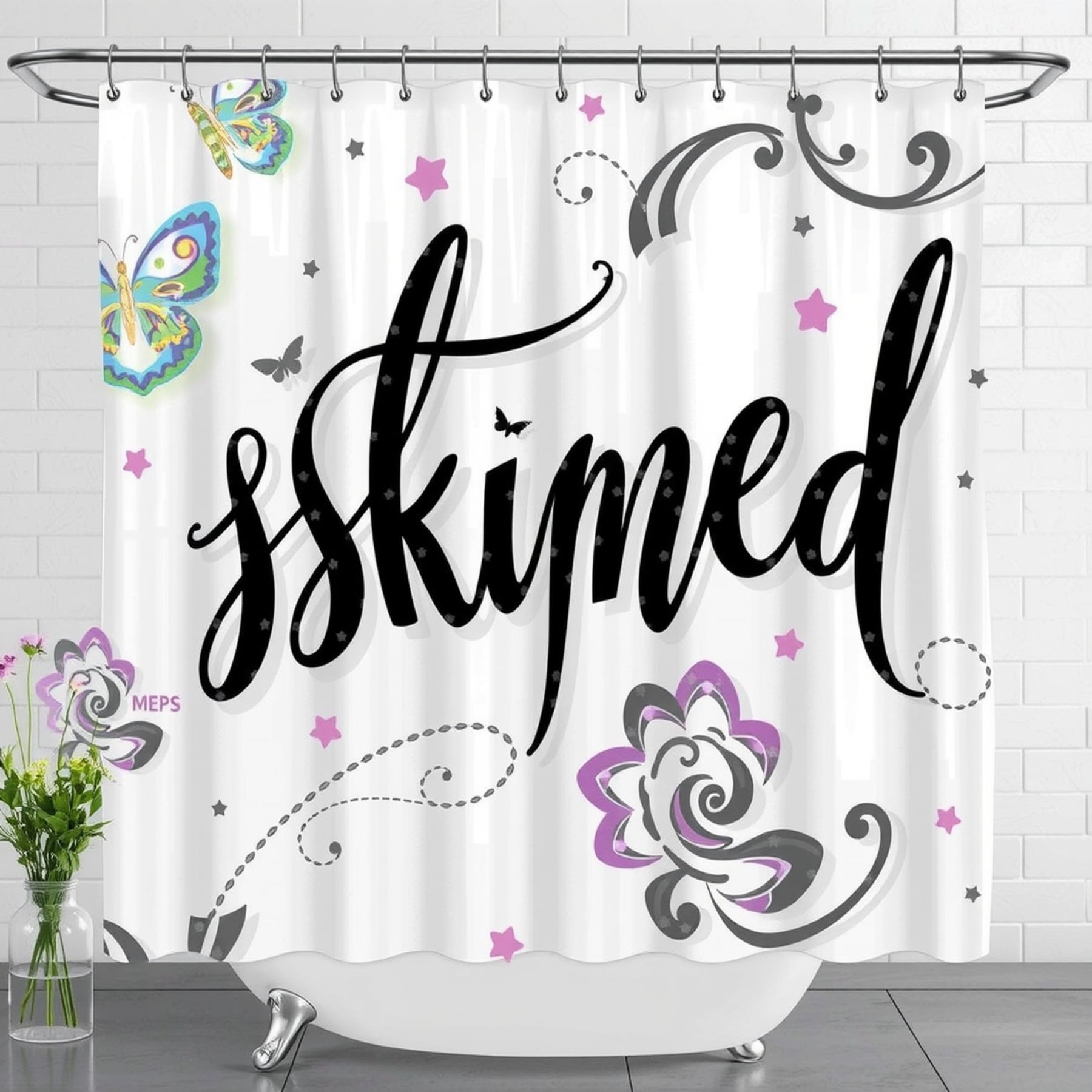 Stylish White Shower Curtain with 'Skimmed' Script Colorful Butterflies ...