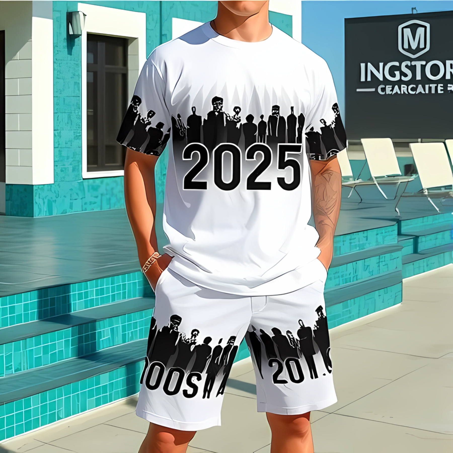 Stylish White T-Shirt and Shorts Set for Men - Bold Black Graphics with ...
