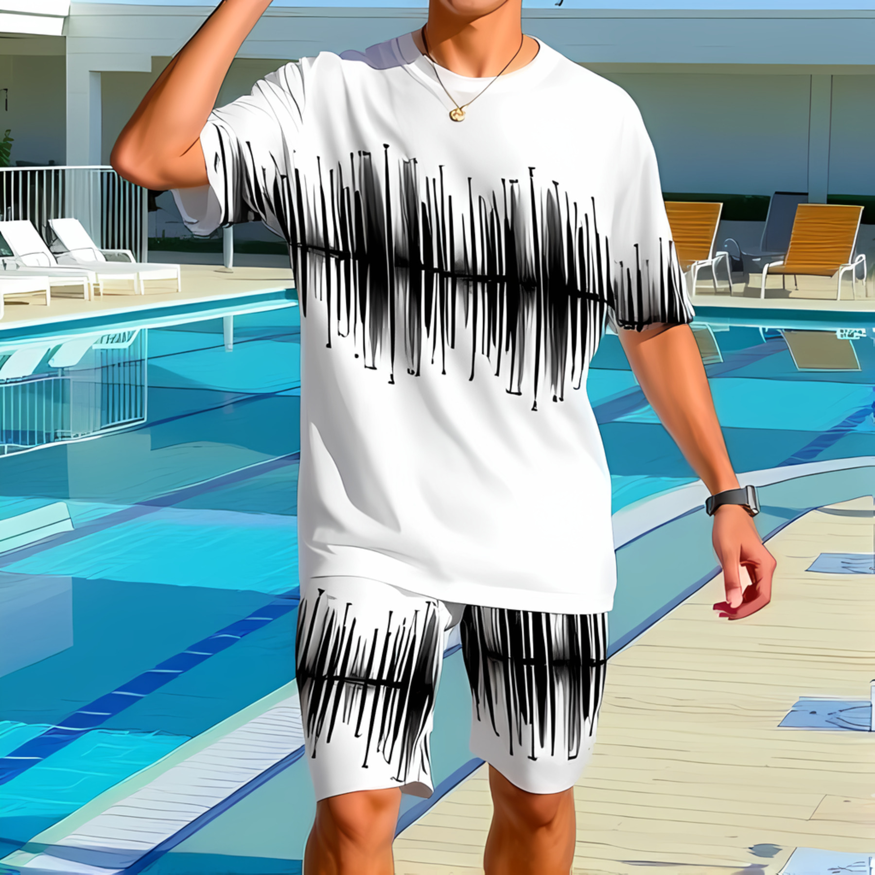 Stylish White T-Shirt and Shorts Set with Bold Black Soundwave Graphic ...