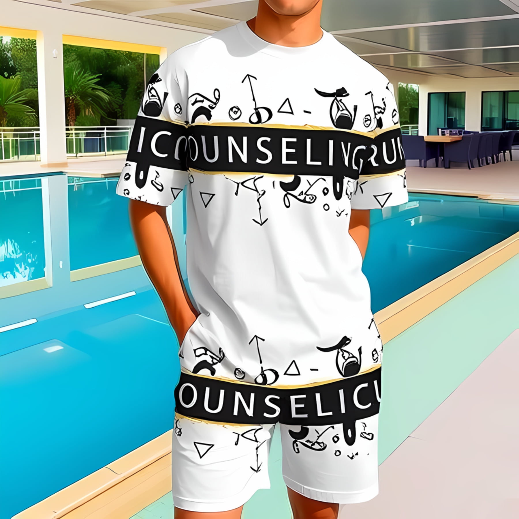 Stylish White Two-Piece Set: Graphic Arrows & Geometric Shapes with ...