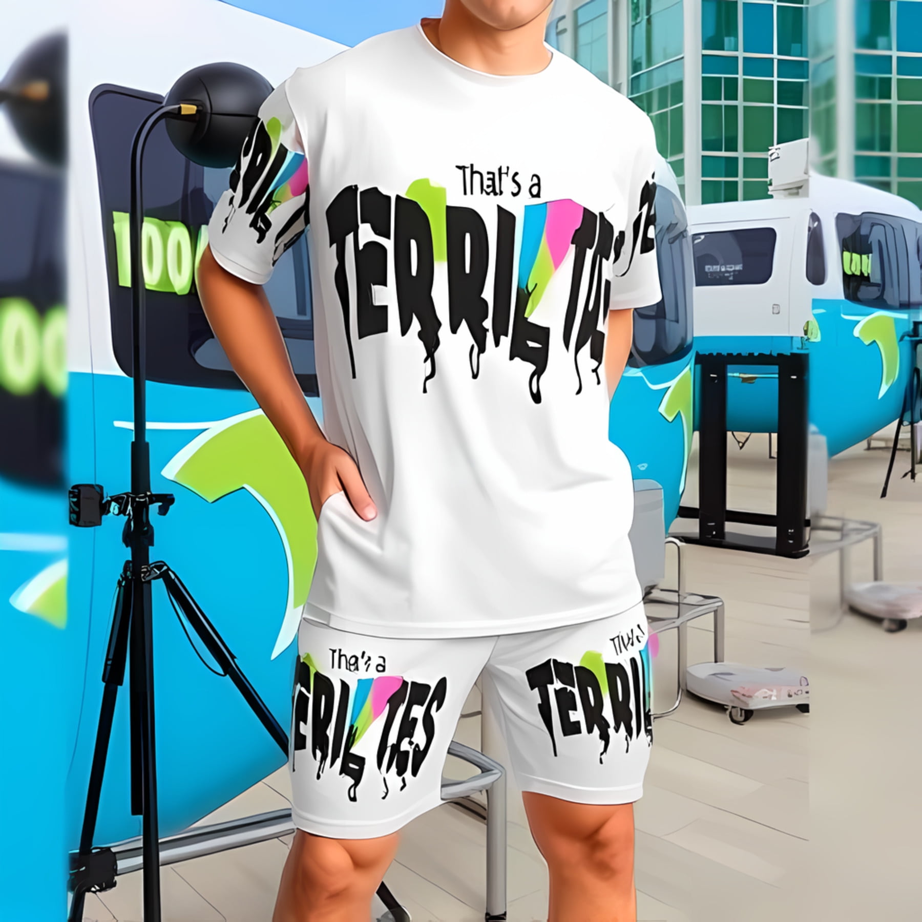 Stylish White Two-Piece Set: Relaxed Fit Tee & Shorts with Vibrant ...