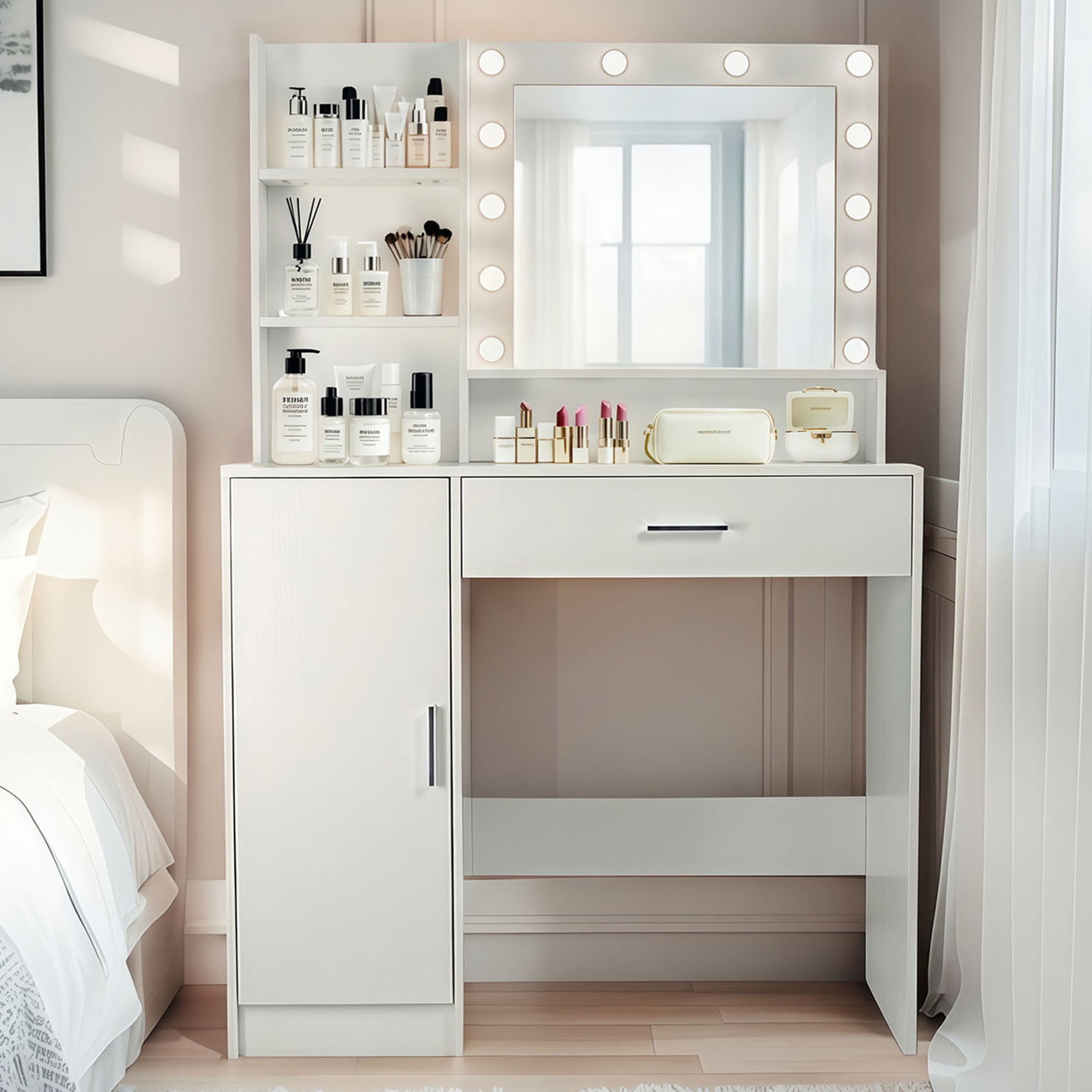 Stylish White Vanity Desk with Mirror and Lights, Optimal Makeup ...