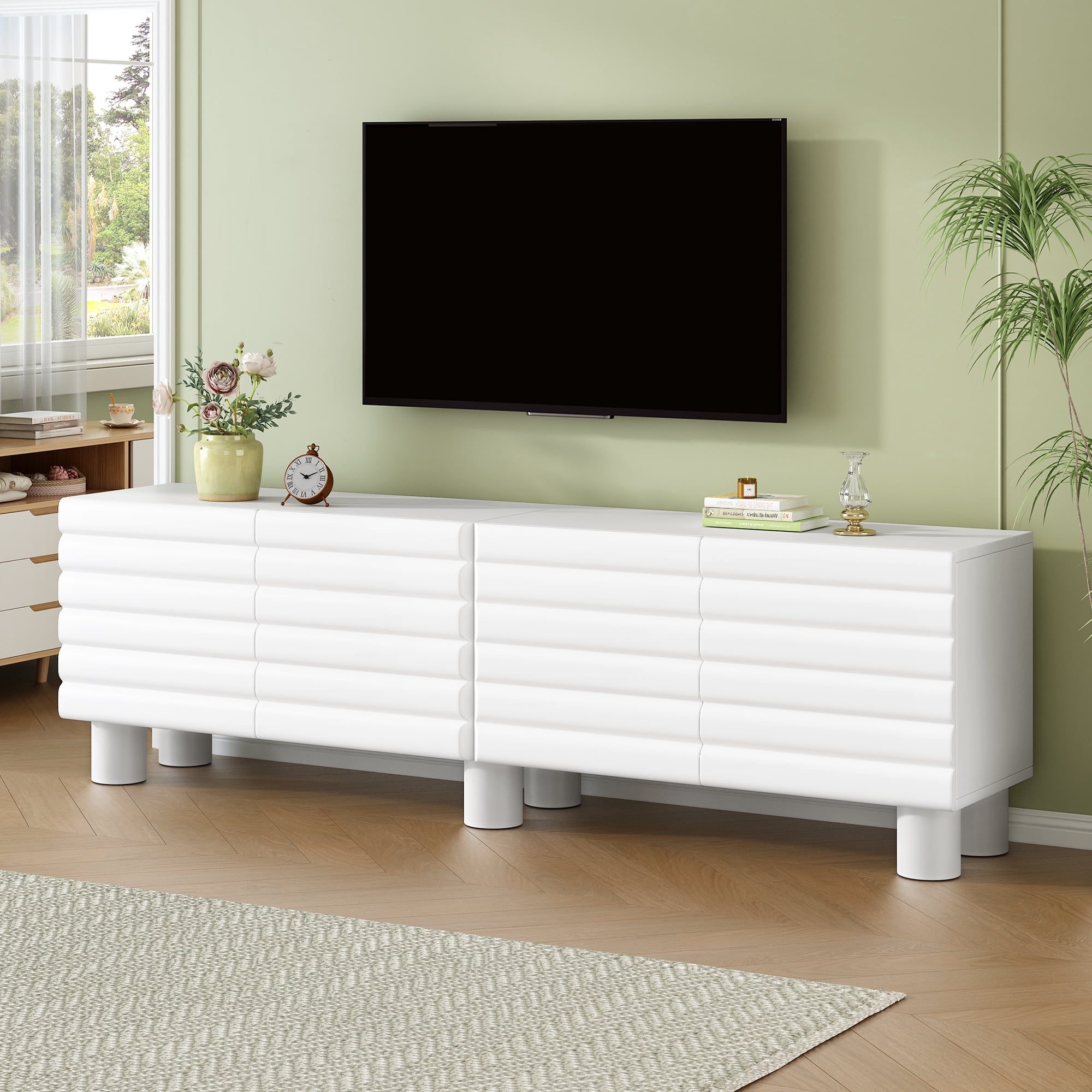 Stylish White Wavy Door TV Stand | 70.8" MDF Media Console with 4 ...