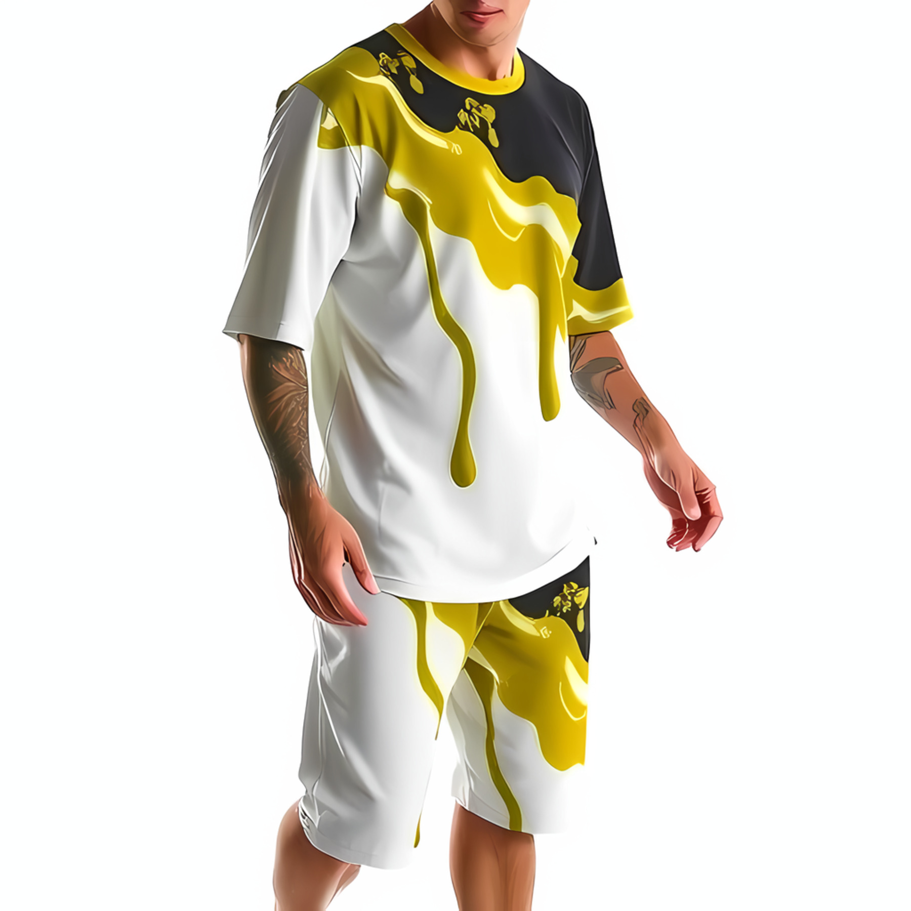 Stylish White & Yellow Dripping Pattern T-Shirt & Shorts Set for Trendy ...