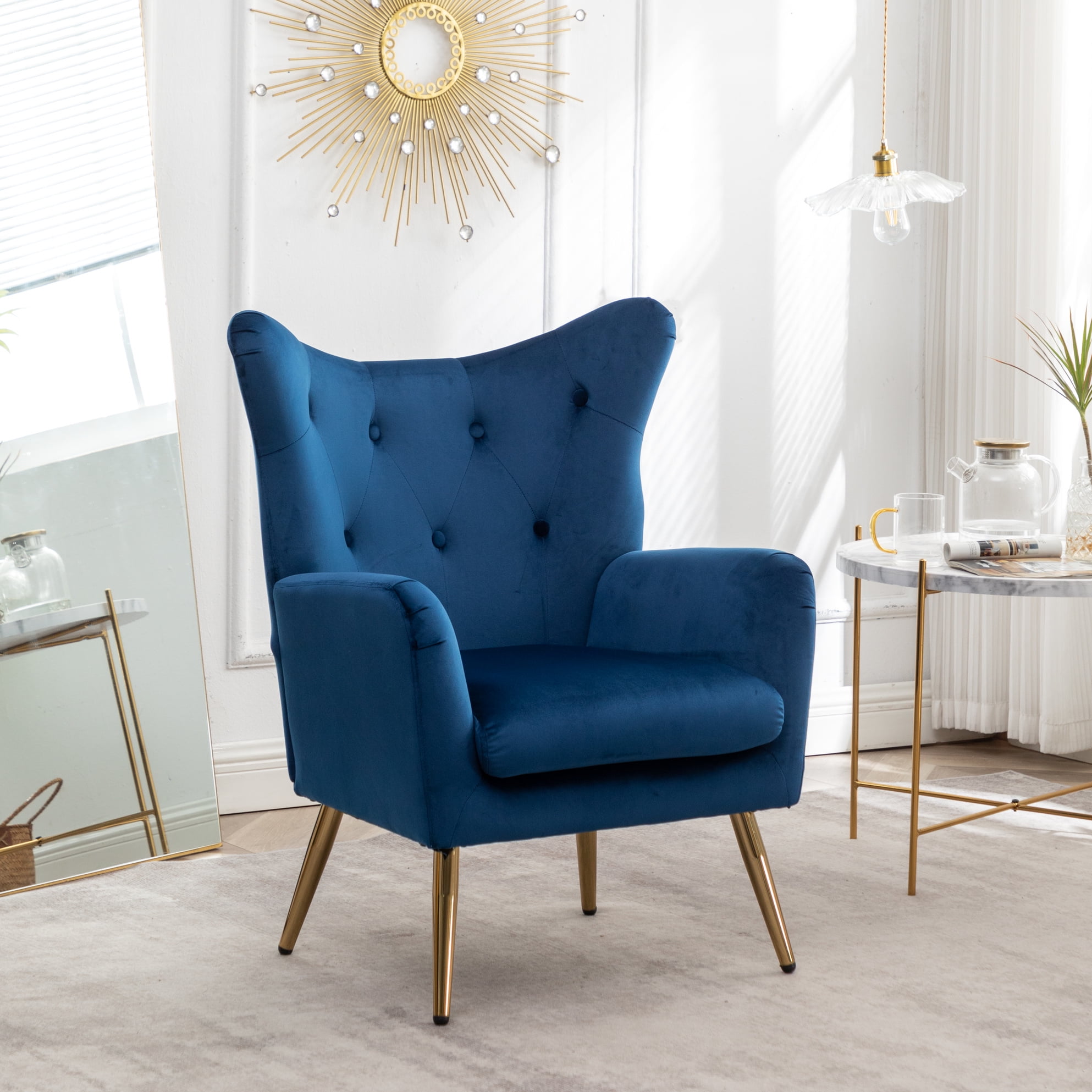 Stylish Wing Back Seat In Blue Velvet - Button For A Fashionable Appeal, Gold Metal Legs Sitting ...
