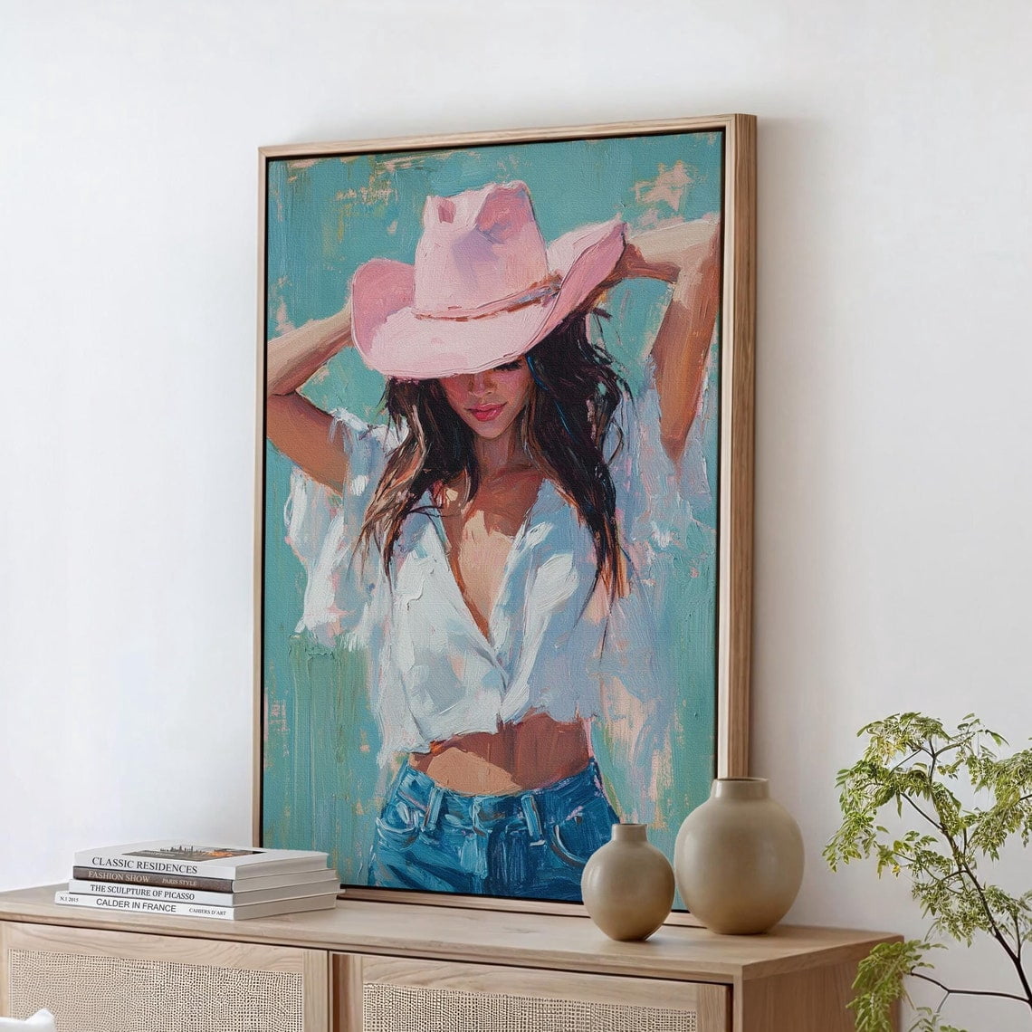 Stylish Woman In Pink Cowboy Hat, White Blouse, And Denim Jeans - A ...