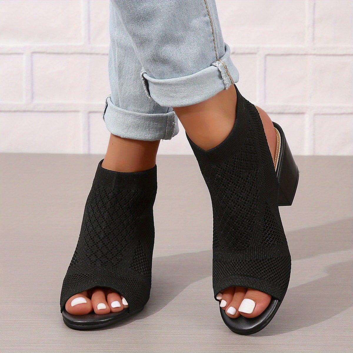 Stylish Women's Knit Chunky Heeled Sandals with Peep Toe and Slingback ...