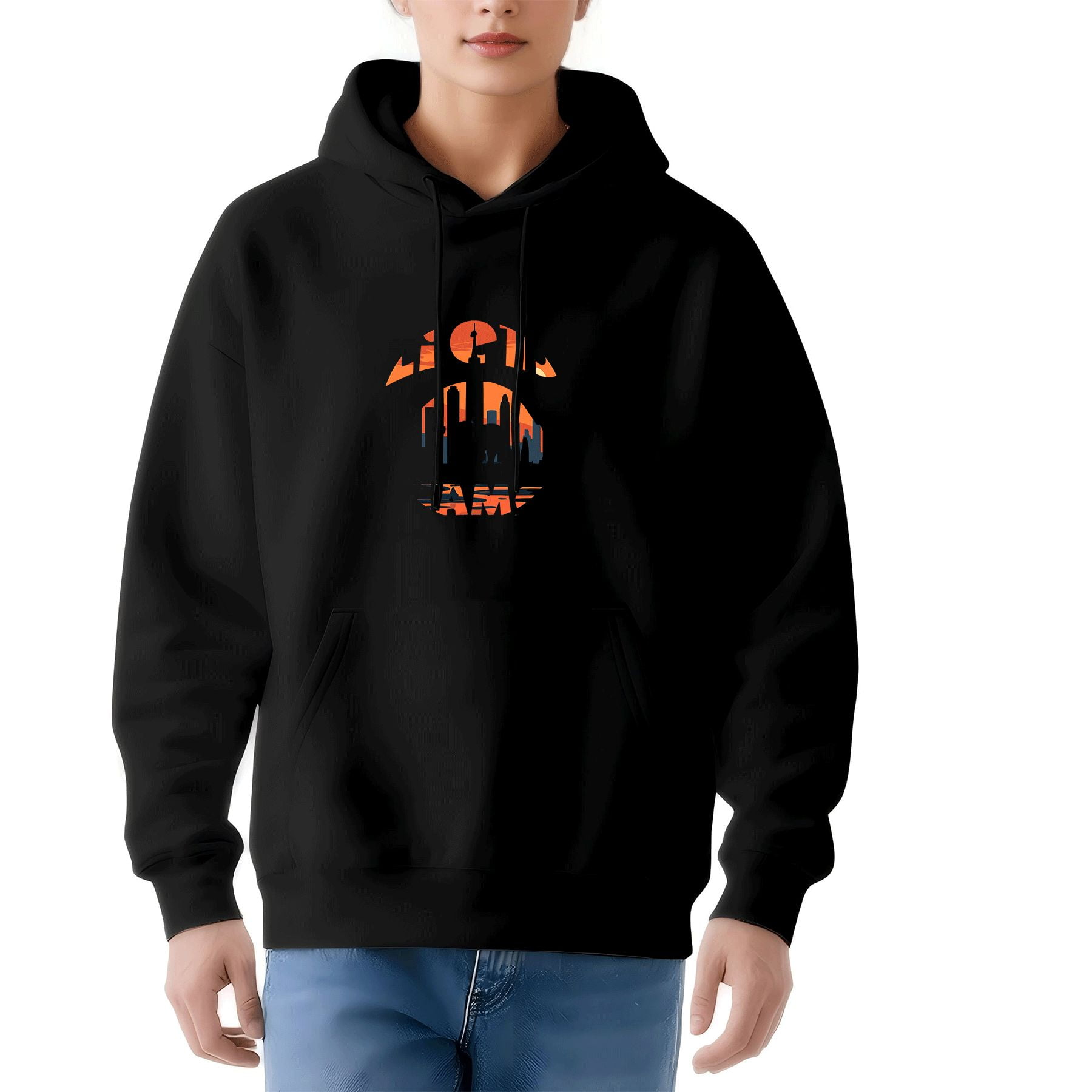Stylish Women's Long Sleeve Hoodie - Black Pullover with Orange & Blue ...