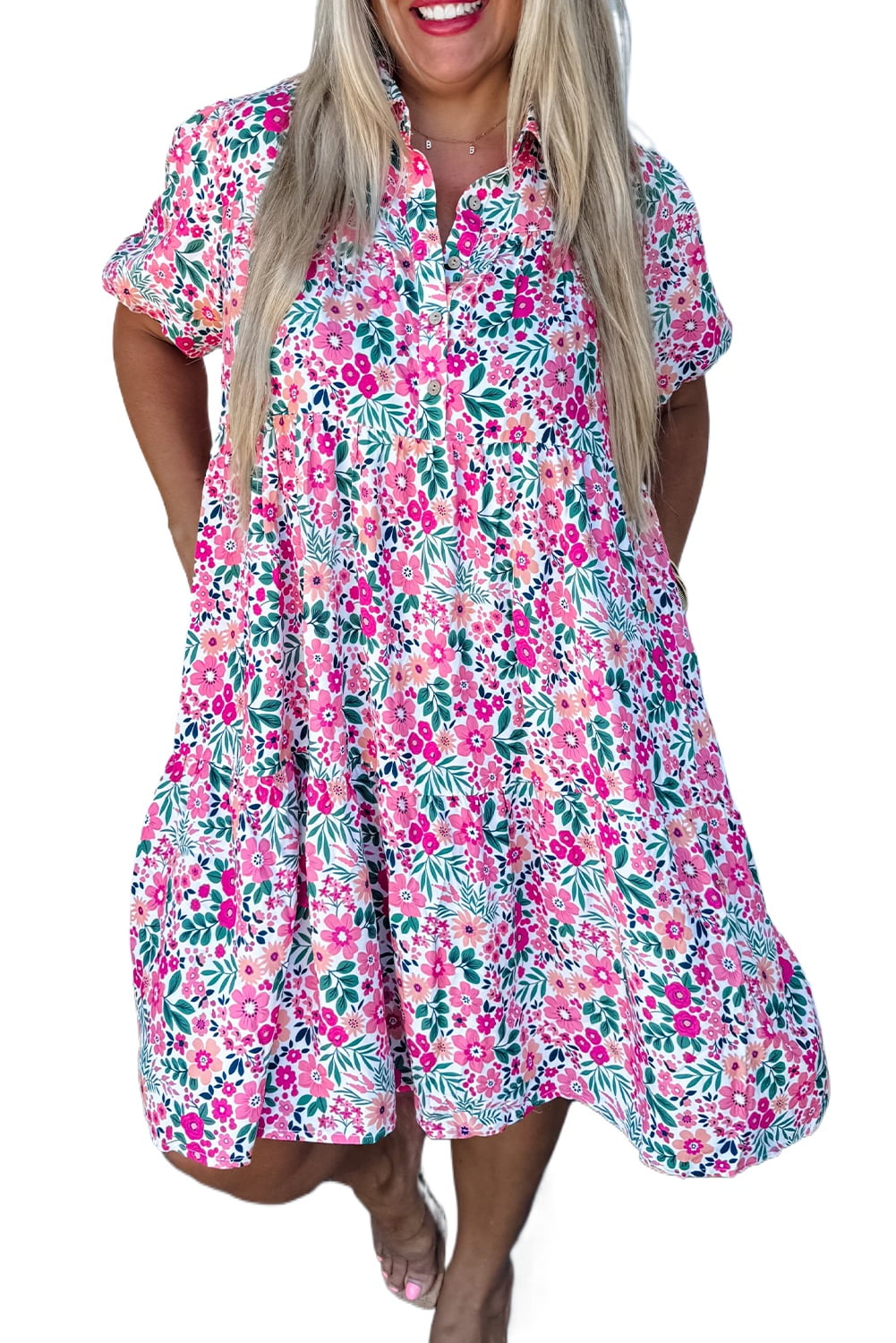 Stylish Women's Plus Size Summer Dress - Pink Floral Print with Puff Sleeves - [ZhiHiMeRi] | (US ...