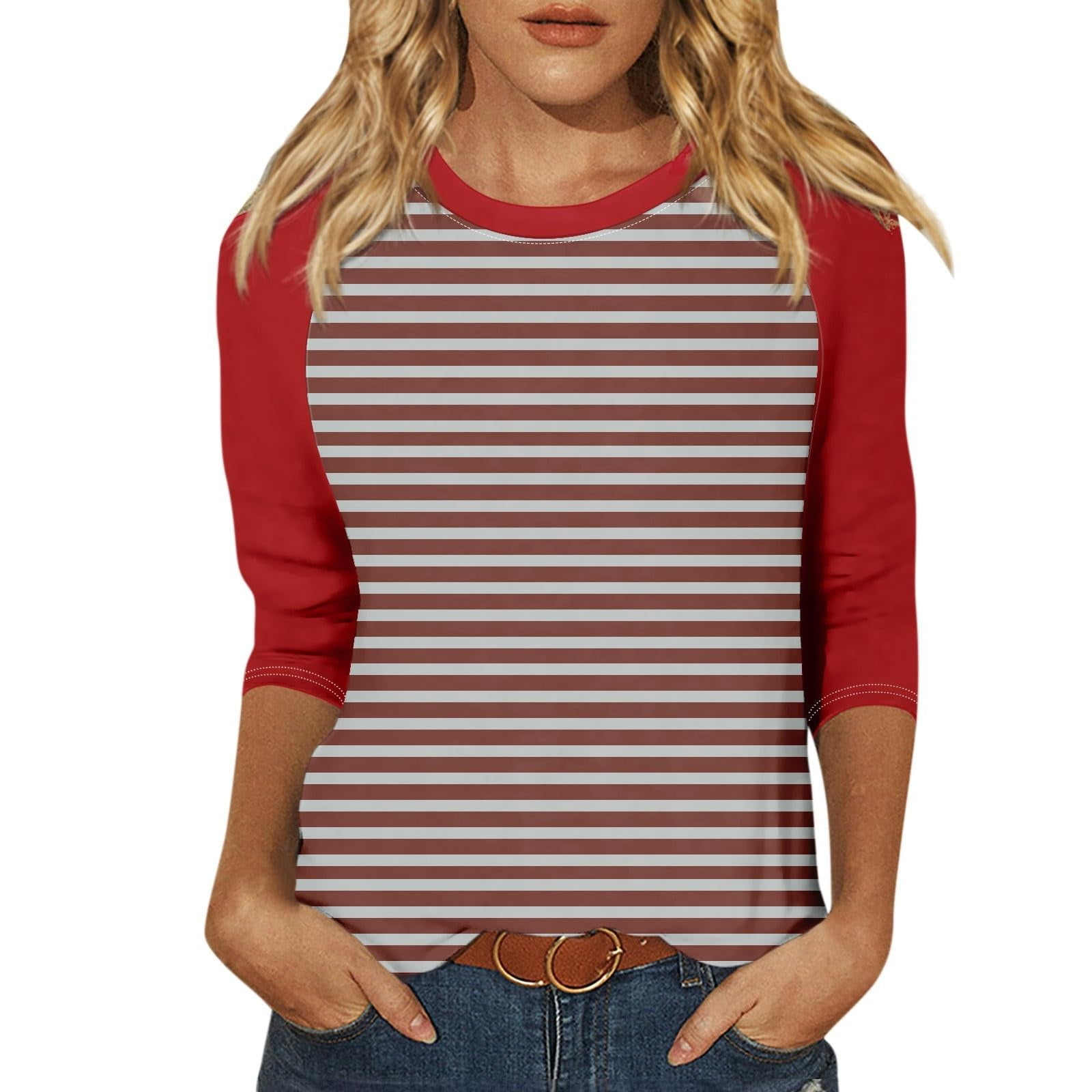 Women's T-Shirts Casual Striped Comfort Fit 3/4 Sleeve Crewneck Tee for ...